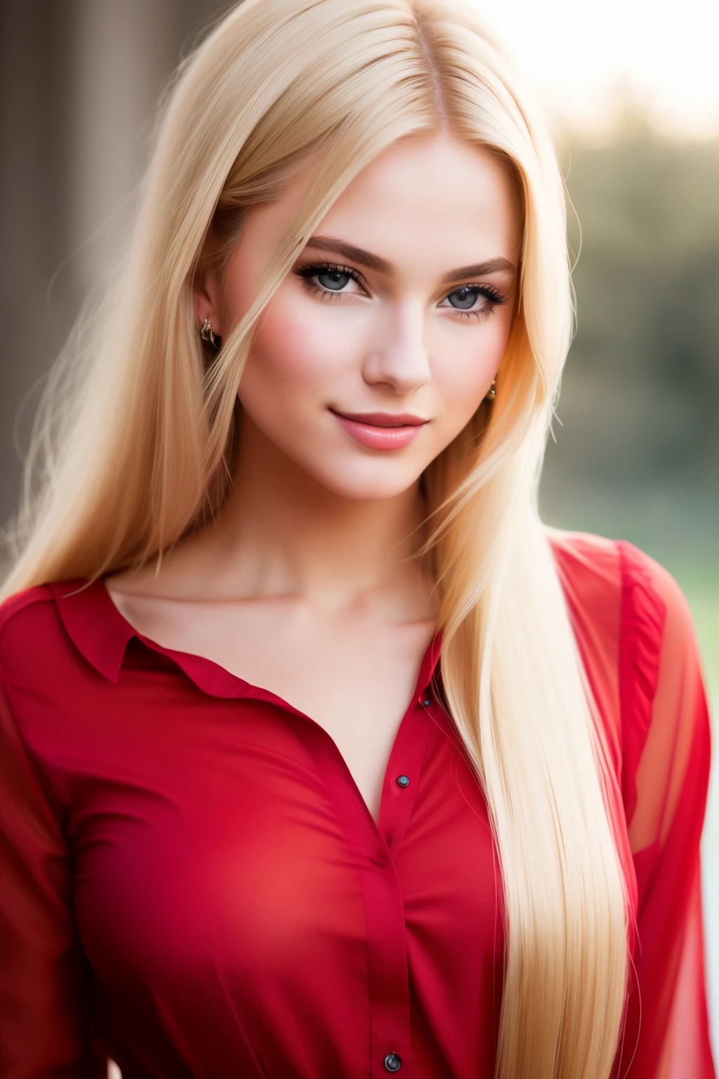 A woman with long blonde hair wearing a red shirt - SeaArt AI