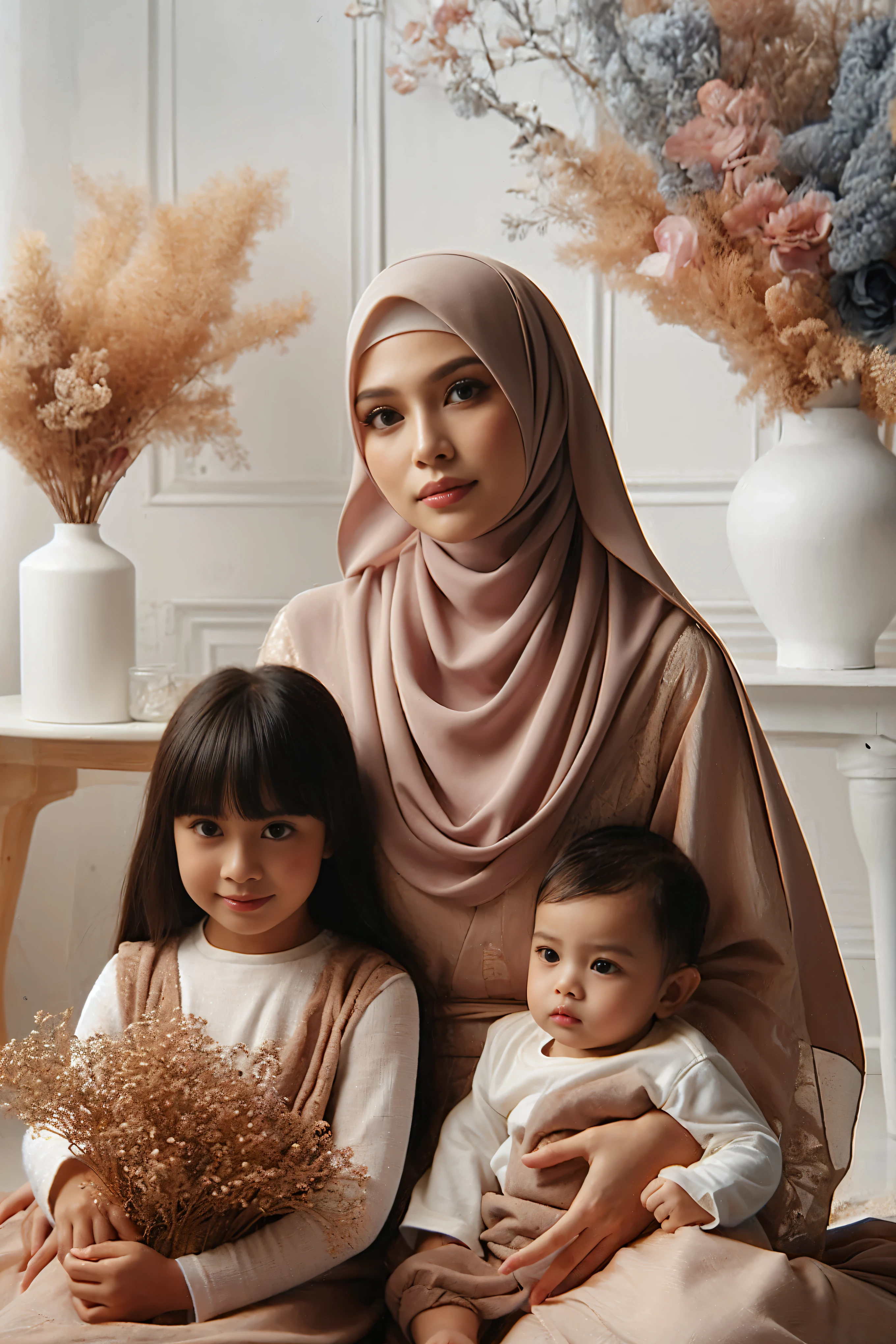 There are two women and a child sitting on the floor - SeaArt AI