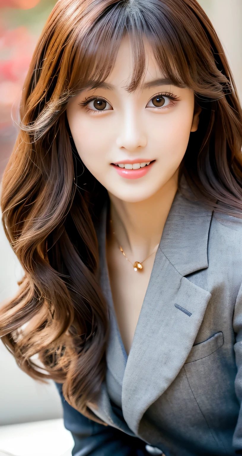 A woman with long hair wearing a gray jacket and a necklace - SeaArt AI