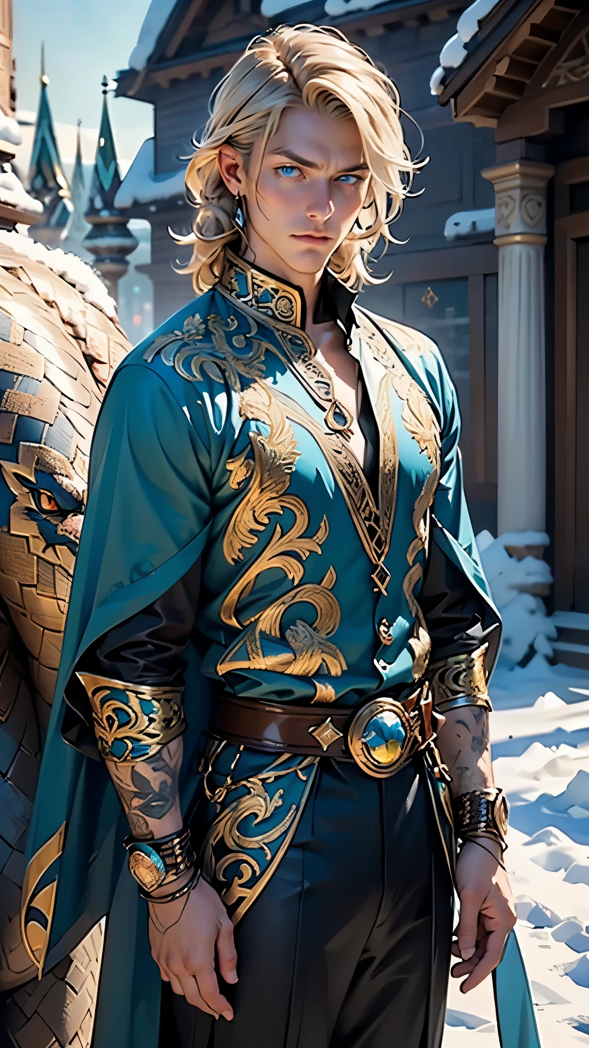 Araffe dressed in a blue and gold outfit standing in front of a ...