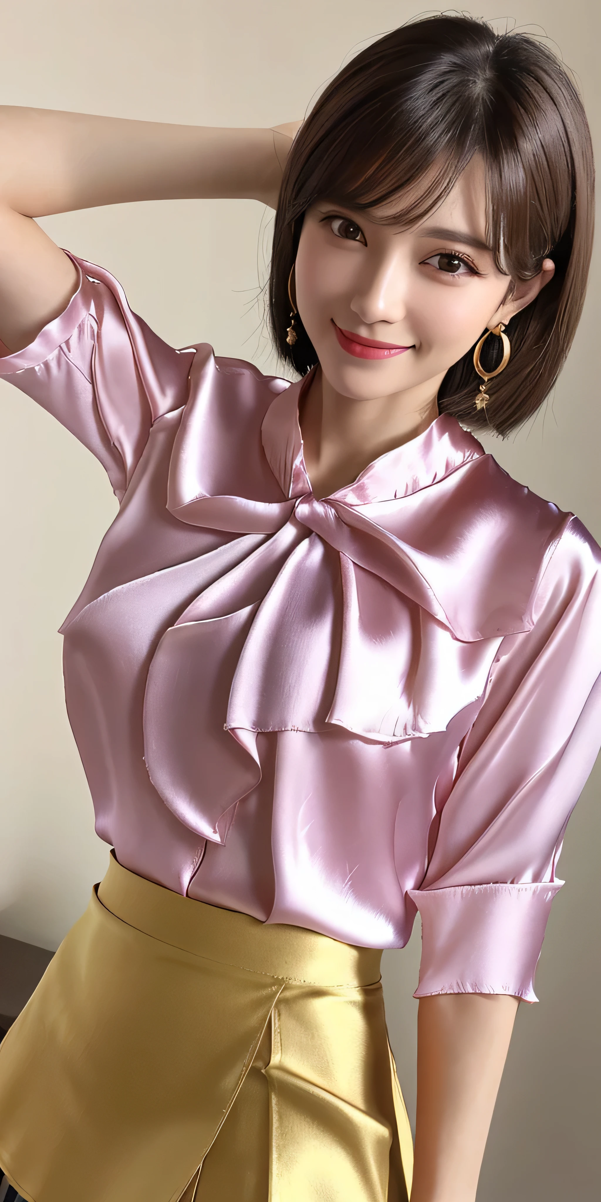 A close up of a woman wearing a pink blouse and yellow skirt - SeaArt AI