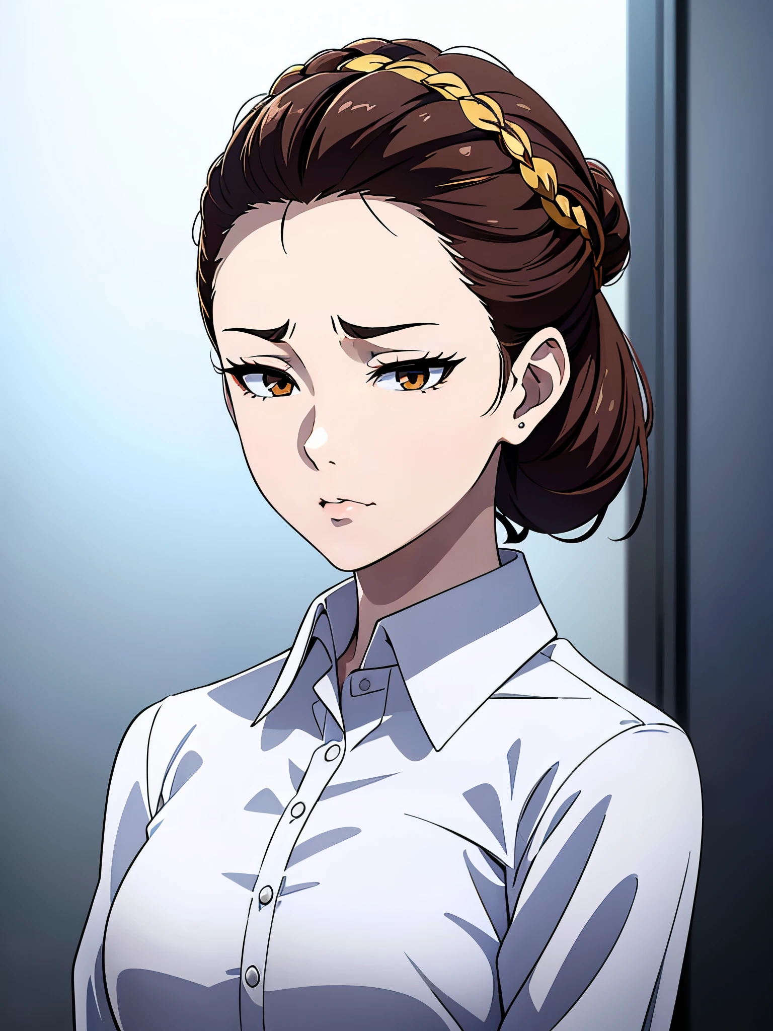 A woman with a braid in her hair standing in front of a door - SeaArt AI