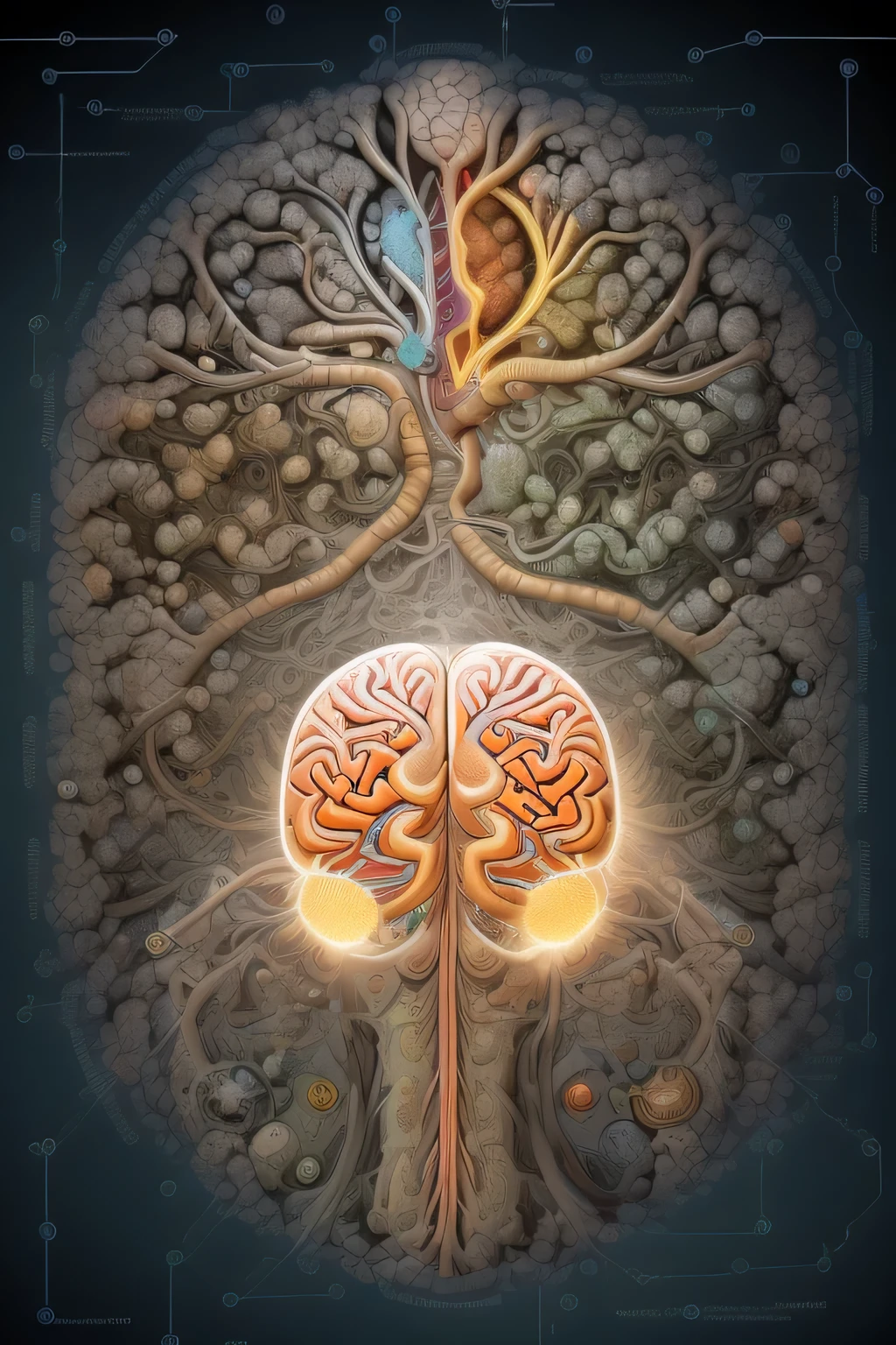 A digital illustration of a brain and a tree with roots - SeaArt AI
