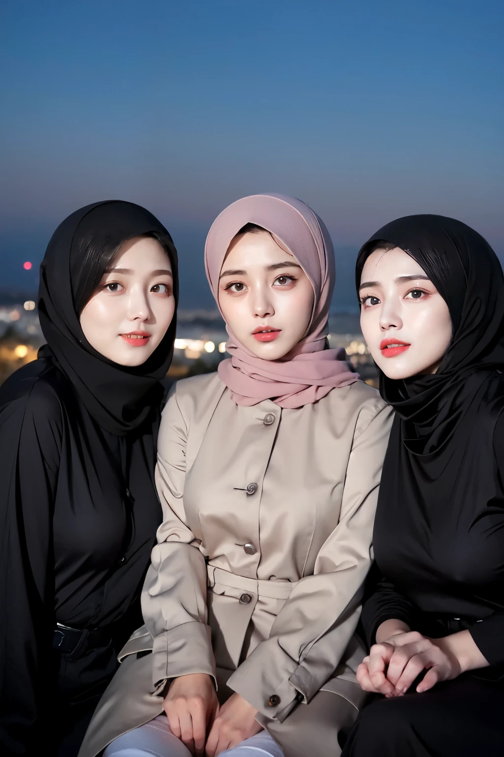 Three women in hijabs sitting on a bench at night - SeaArt AI