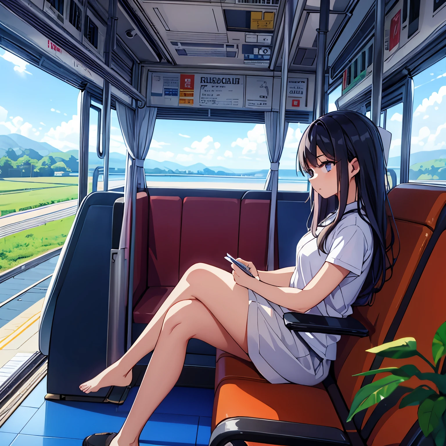 Anime girl sitting on a bus with her legs crossed - SeaArt AI