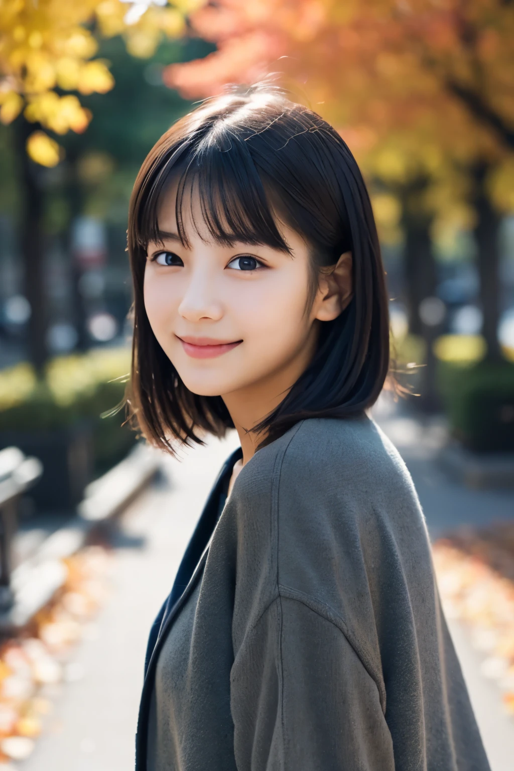 A woman with a black jacket and a gray jacket standing in a park - SeaArt AI