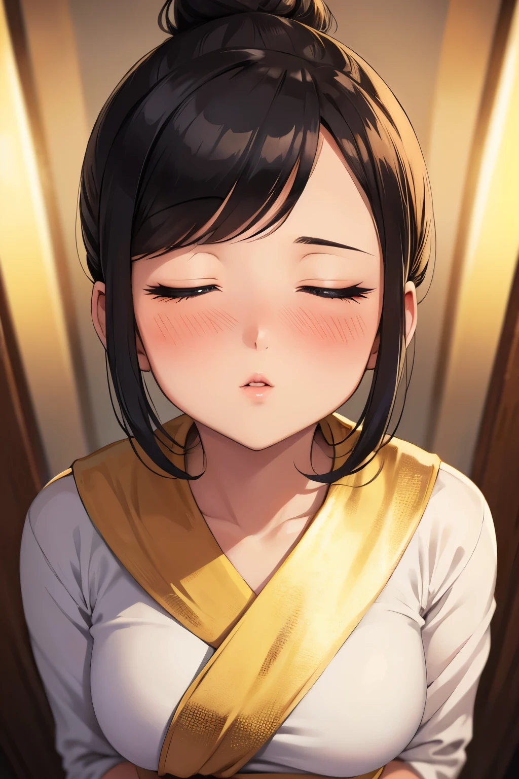 A cartoon girl with a bun in her hair and a white shirt - SeaArt AI