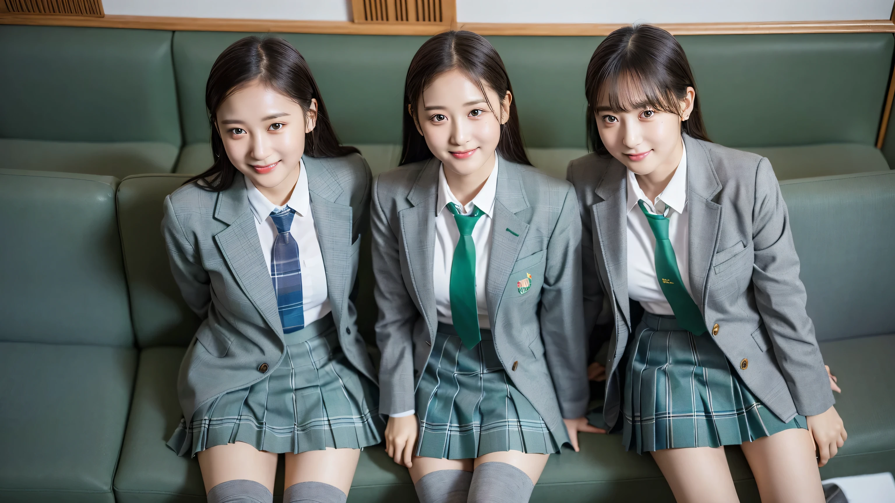 Three girls in school uniforms sitting on a green couch - SeaArt AI