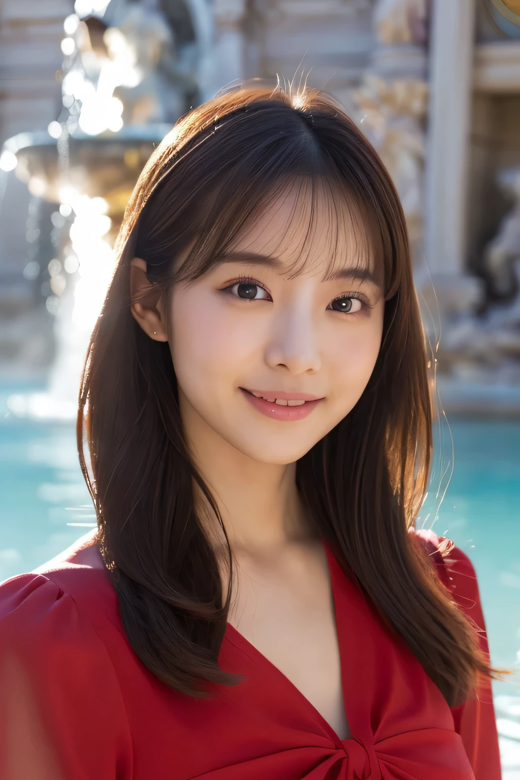 A close up of a woman in a red dress near a fountain - SeaArt AI