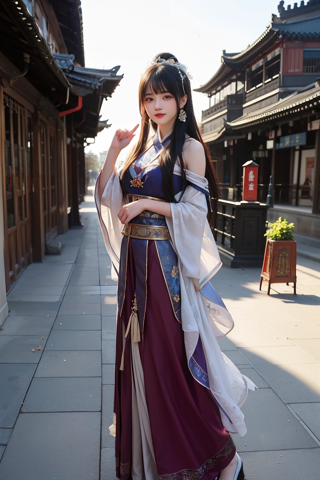 Arafed asian woman in a purple and white dress posing for a picture ...