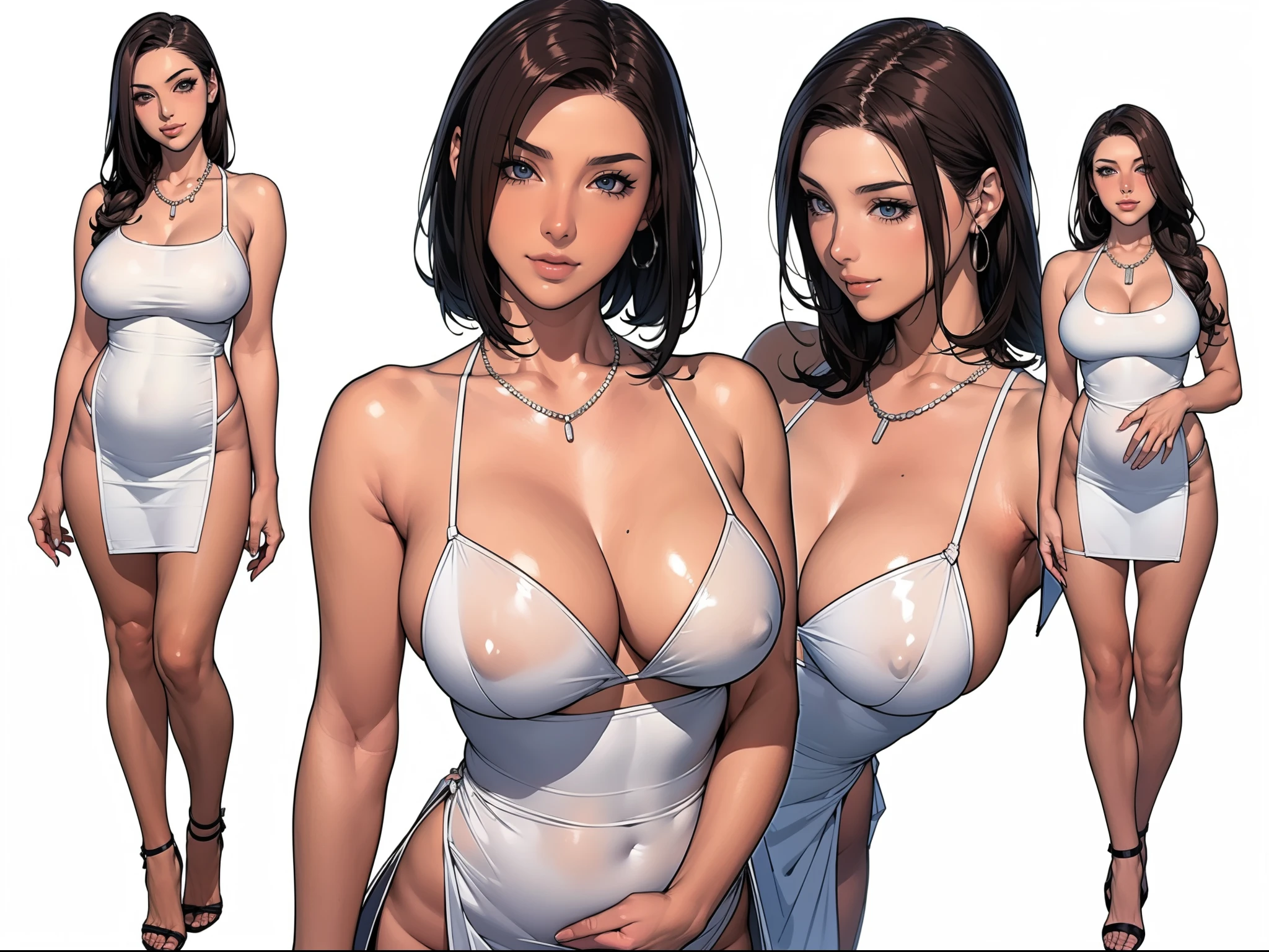 A close up of a woman in a white dress with a lot of breasts - SeaArt AI