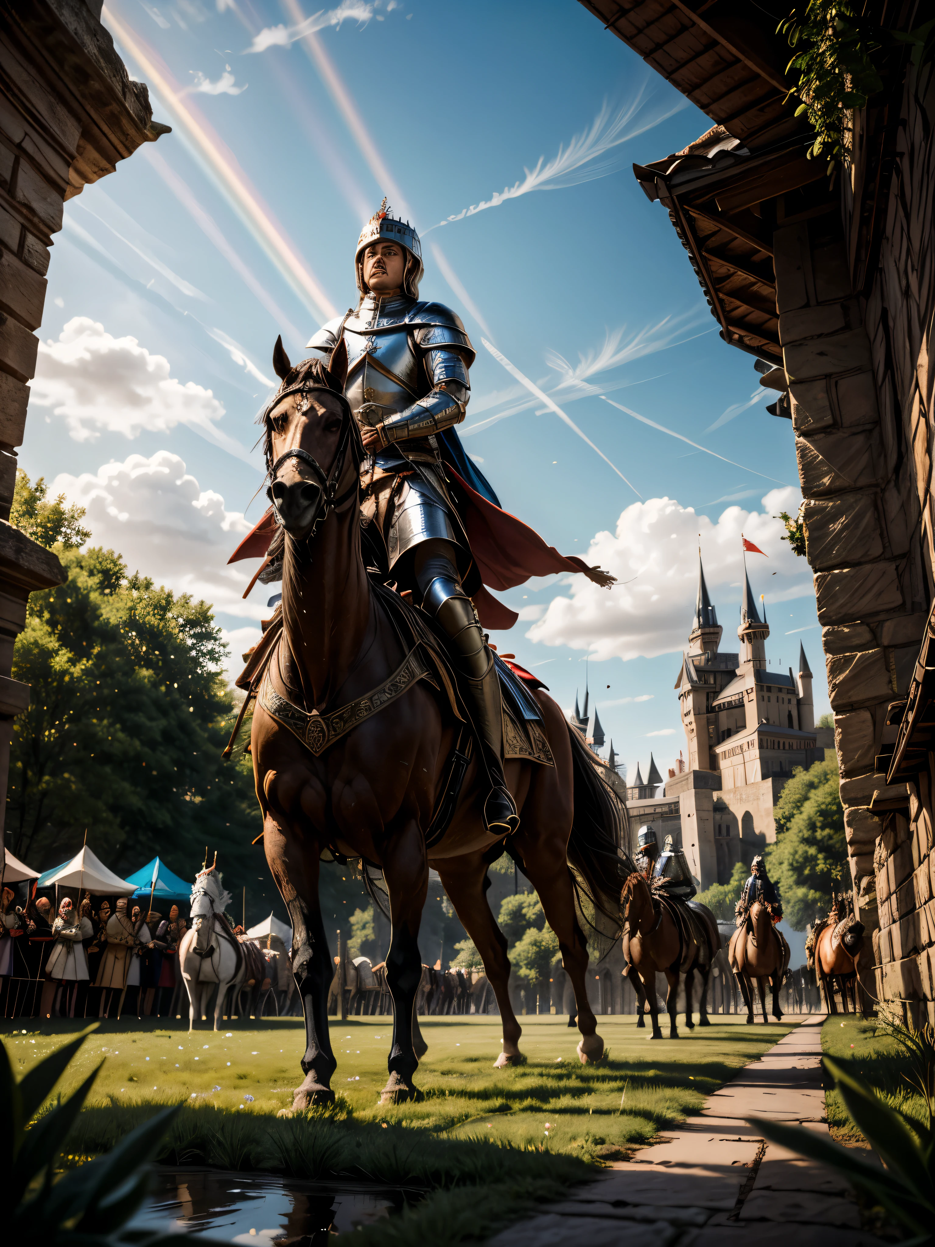 Arafed knight on a horse in front of a castle - SeaArt AI