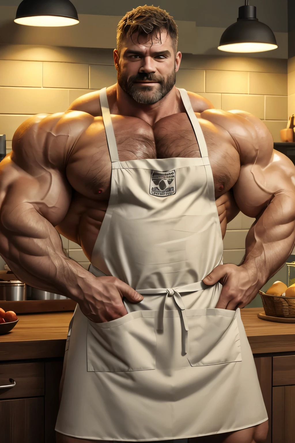 Arafed man in apron posing in kitchen with large muscles - SeaArt AI