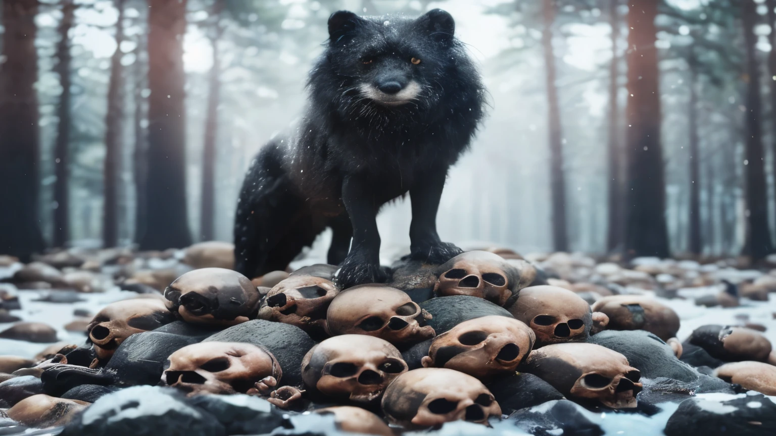 A close up of a black wolf standing on a pile of skulls - SeaArt AI
