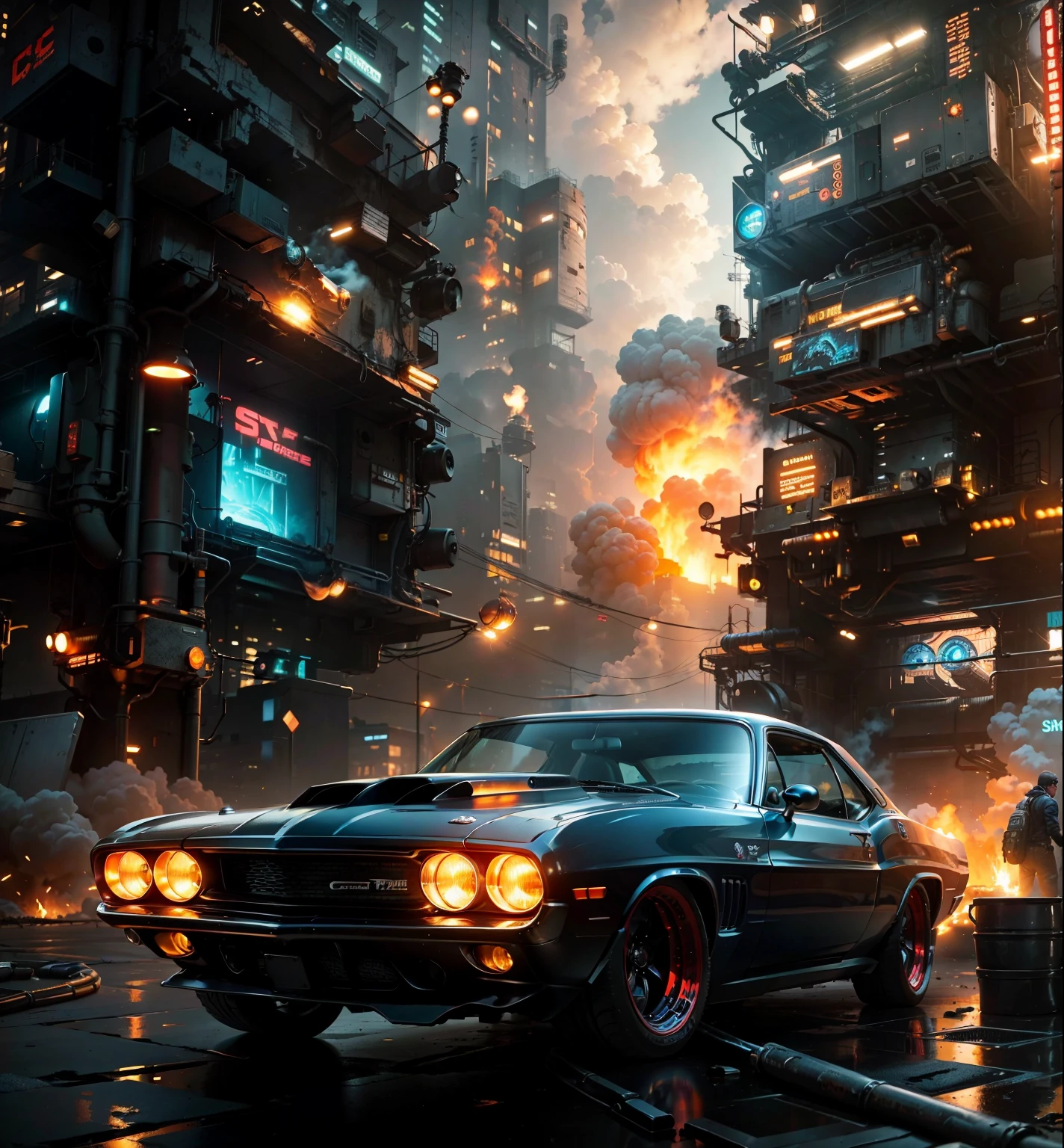 A car driving through a city with a lot of buildings - SeaArt AI