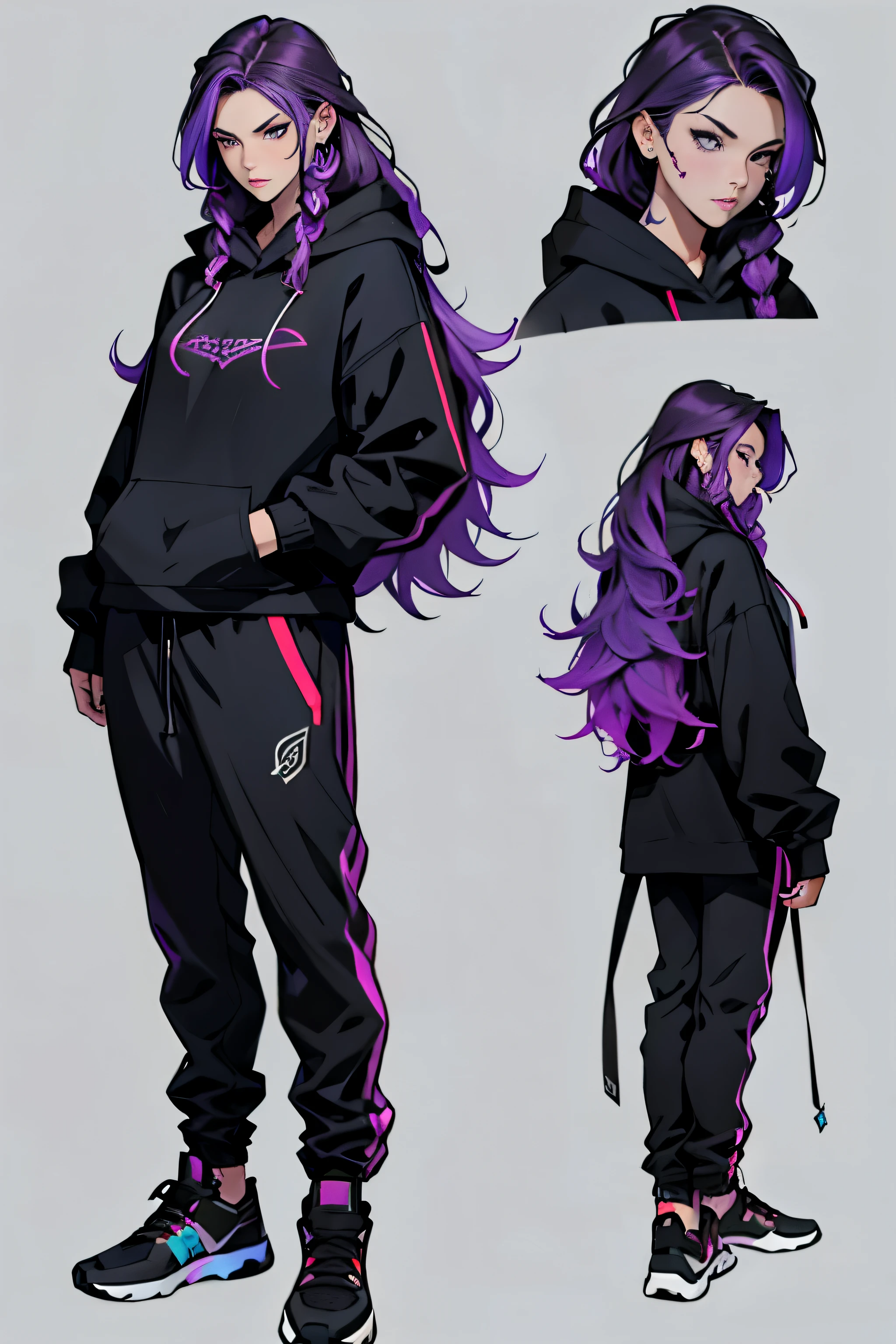 A woman with purple hair and black hoodie standing next to a white wall ...