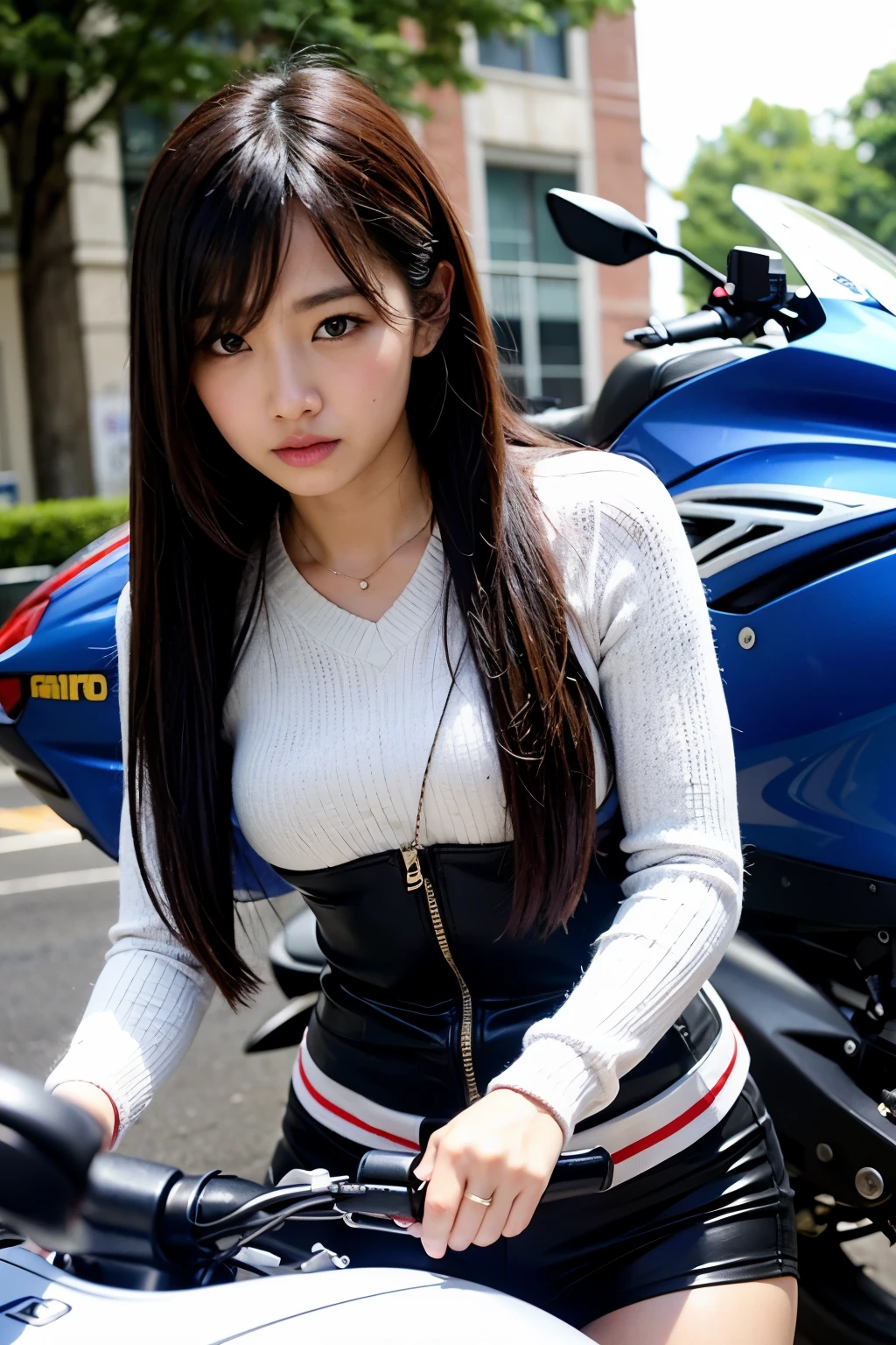 Araffe woman in a short skirt sitting on a motorcycle - SeaArt AI