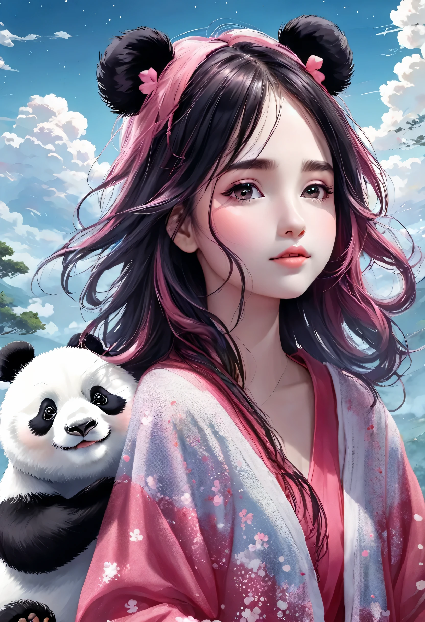A close up of a woman holding a panda bear on a beach - SeaArt AI
