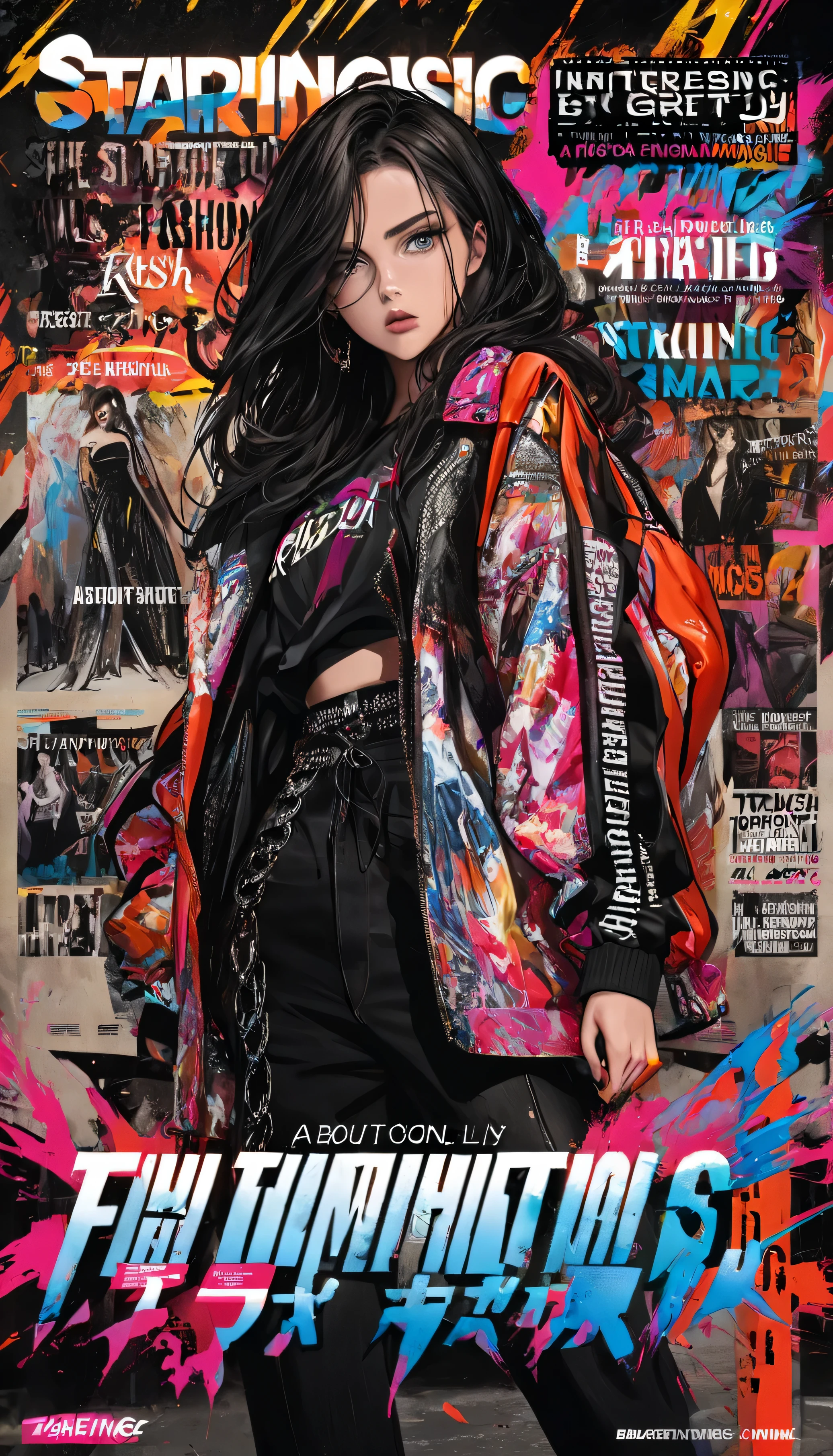 A woman in a colorful jacket and black pants on a magazine cover ...