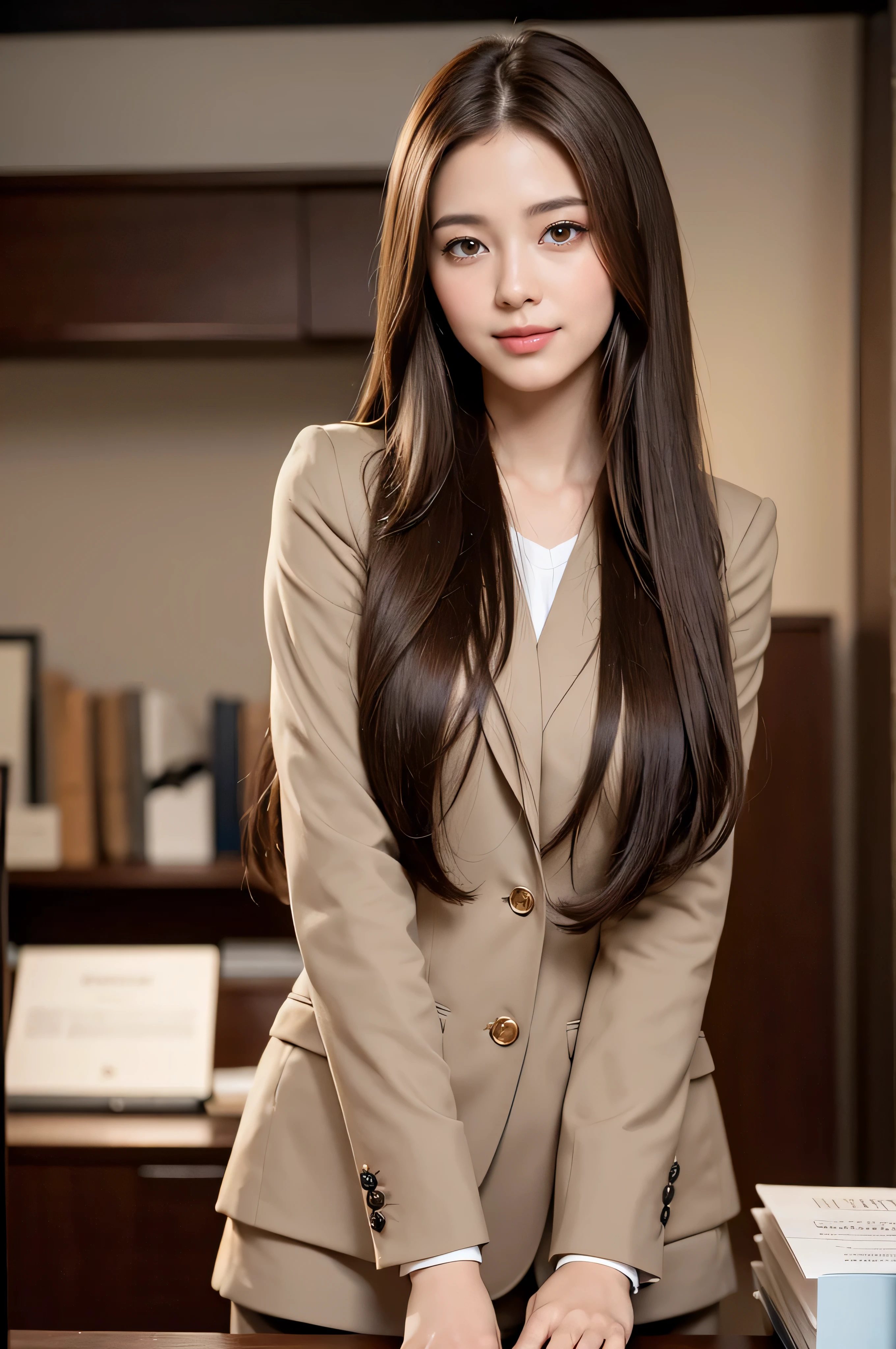 A close up of a woman in a suit standing in front of a desk - SeaArt AI