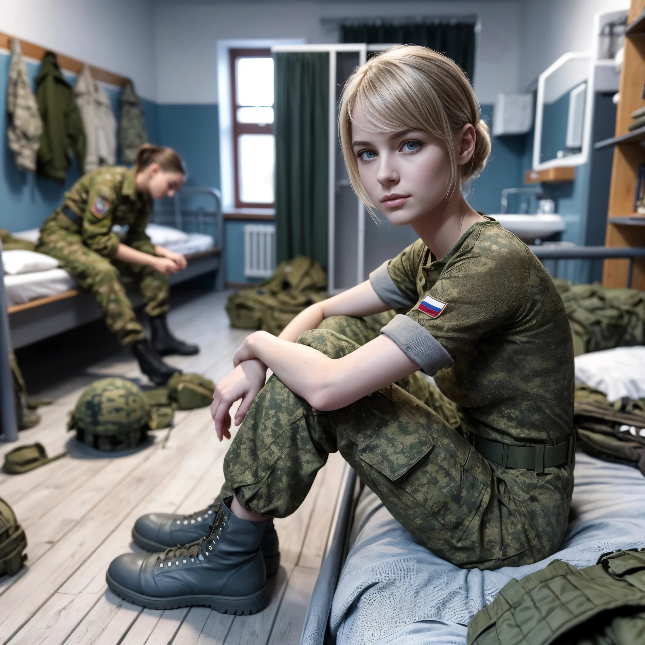 There is a woman sitting on a bed in a room with military uniforms ...