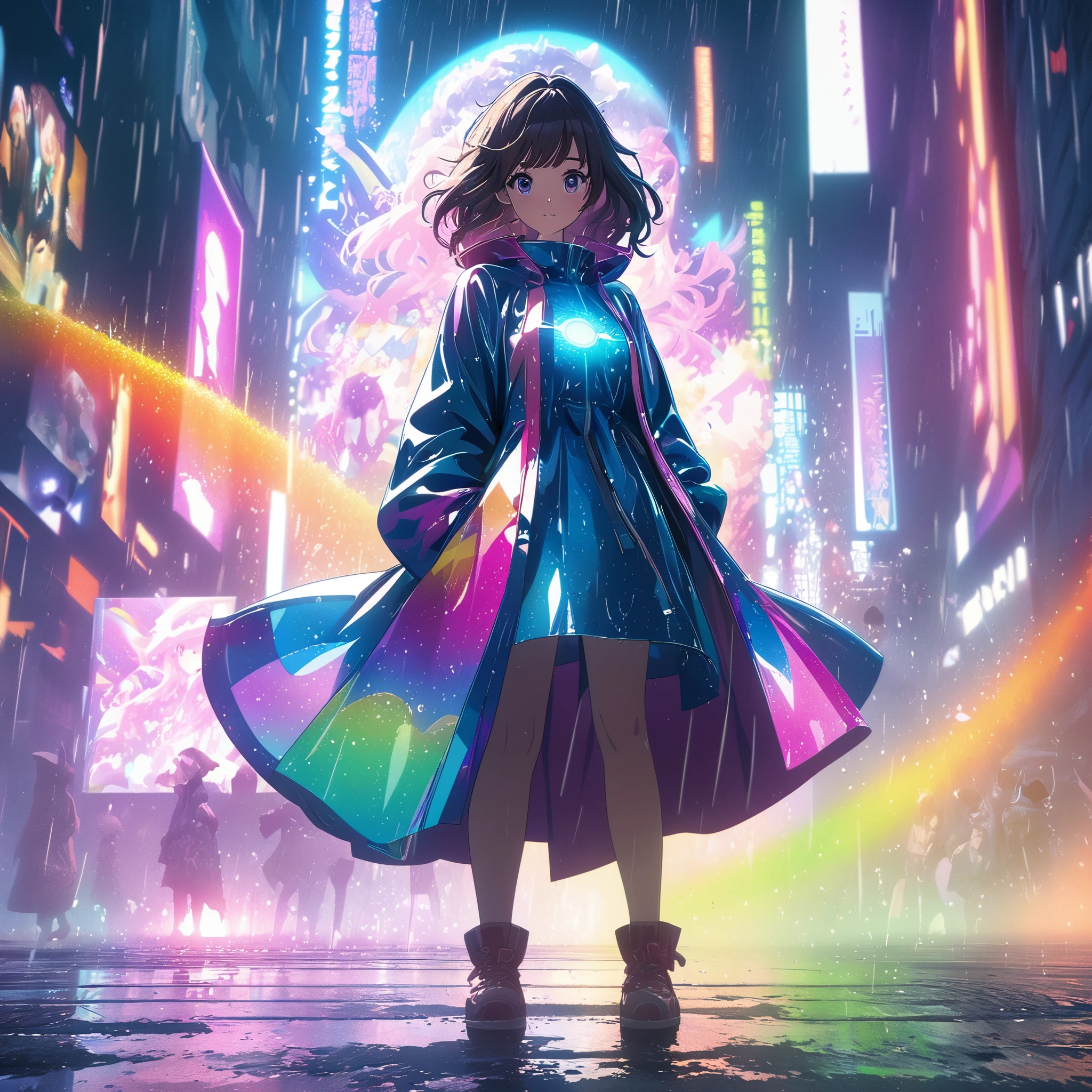A woman in a raincoat standing in the rain in a city - SeaArt AI