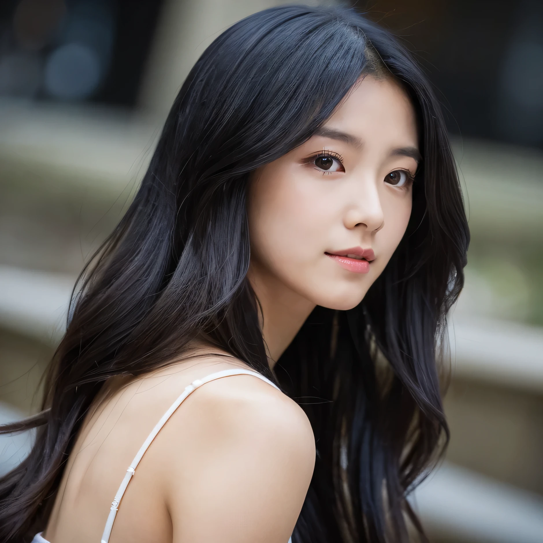 A close up of a woman with long black hair and a white top - SeaArt AI