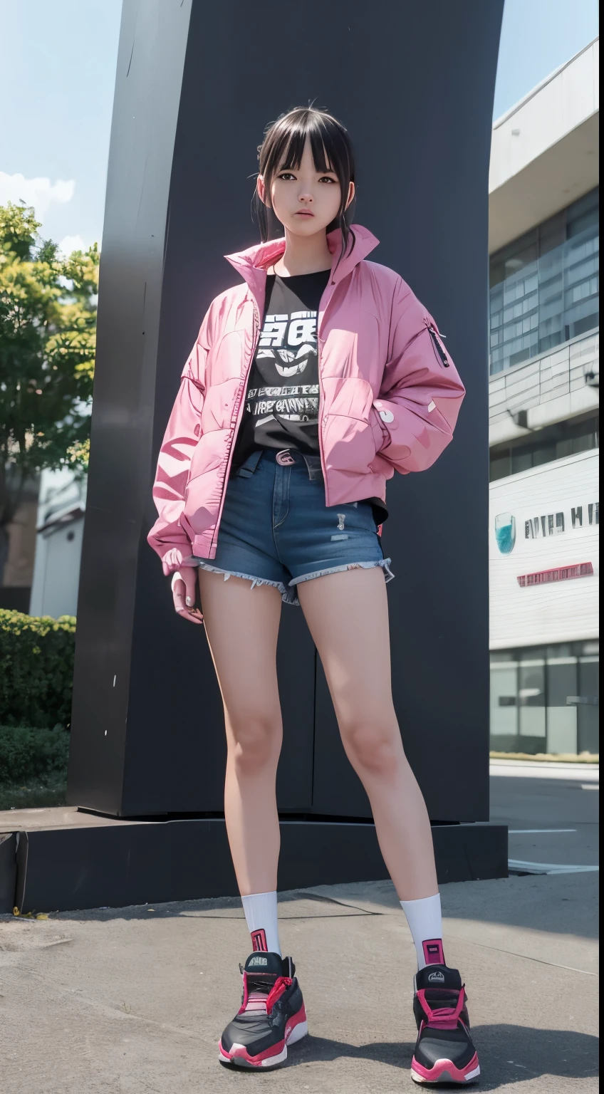 Araffe wearing a pink jacket and denim shorts standing in front of a building - SeaArt AI