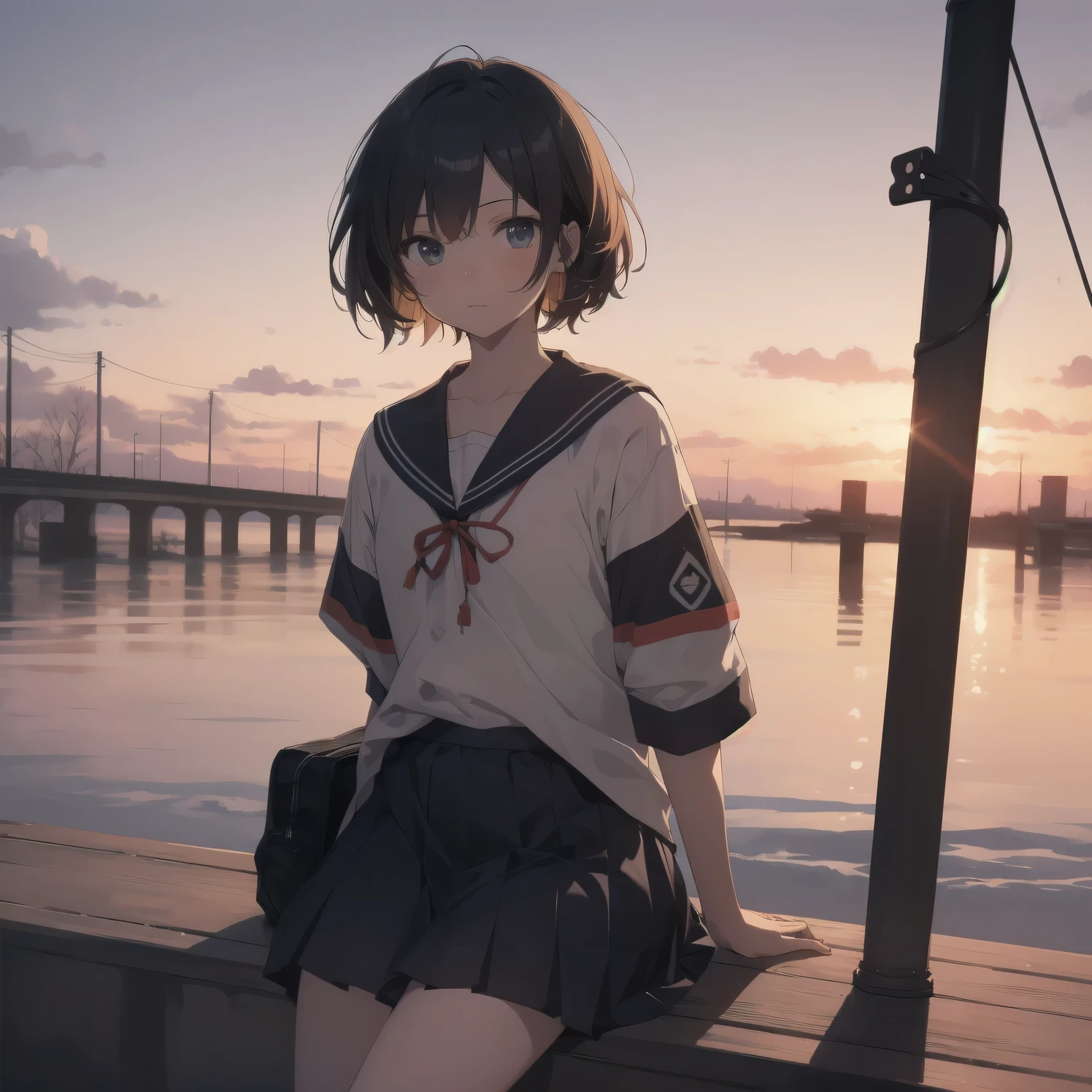 Anime girl sitting on a dock with a sunset in the background - SeaArt AI