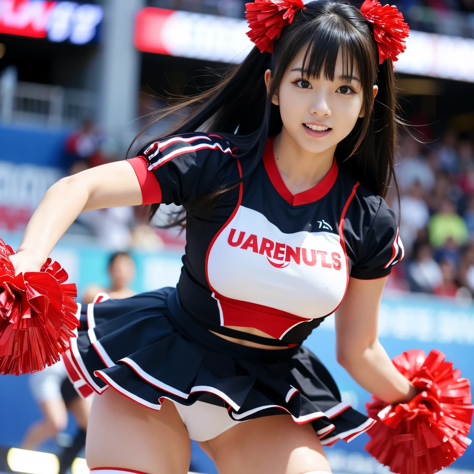 A close up of a cheerleader in a cheer uniform holding pom poms - SeaArt AI