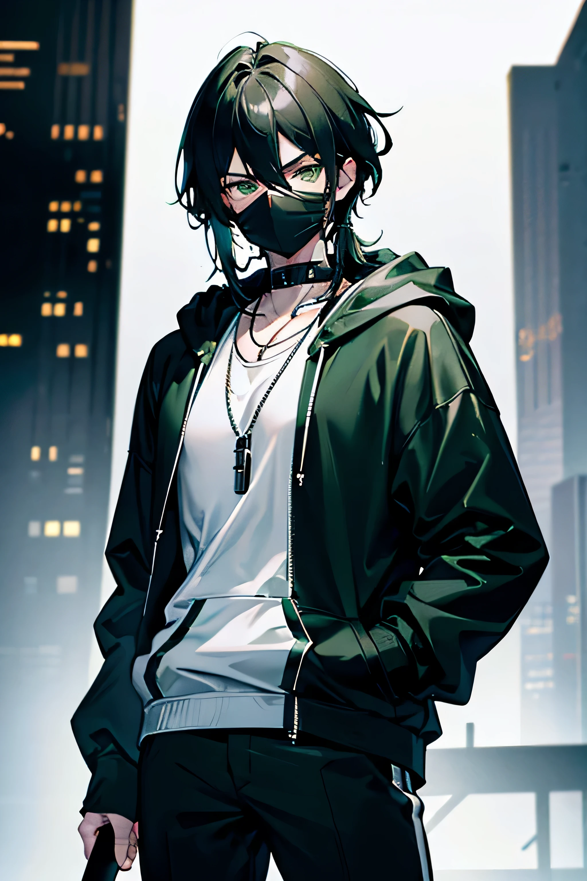 Anime guy with a mask and a hoodie standing in front of a city - SeaArt AI
