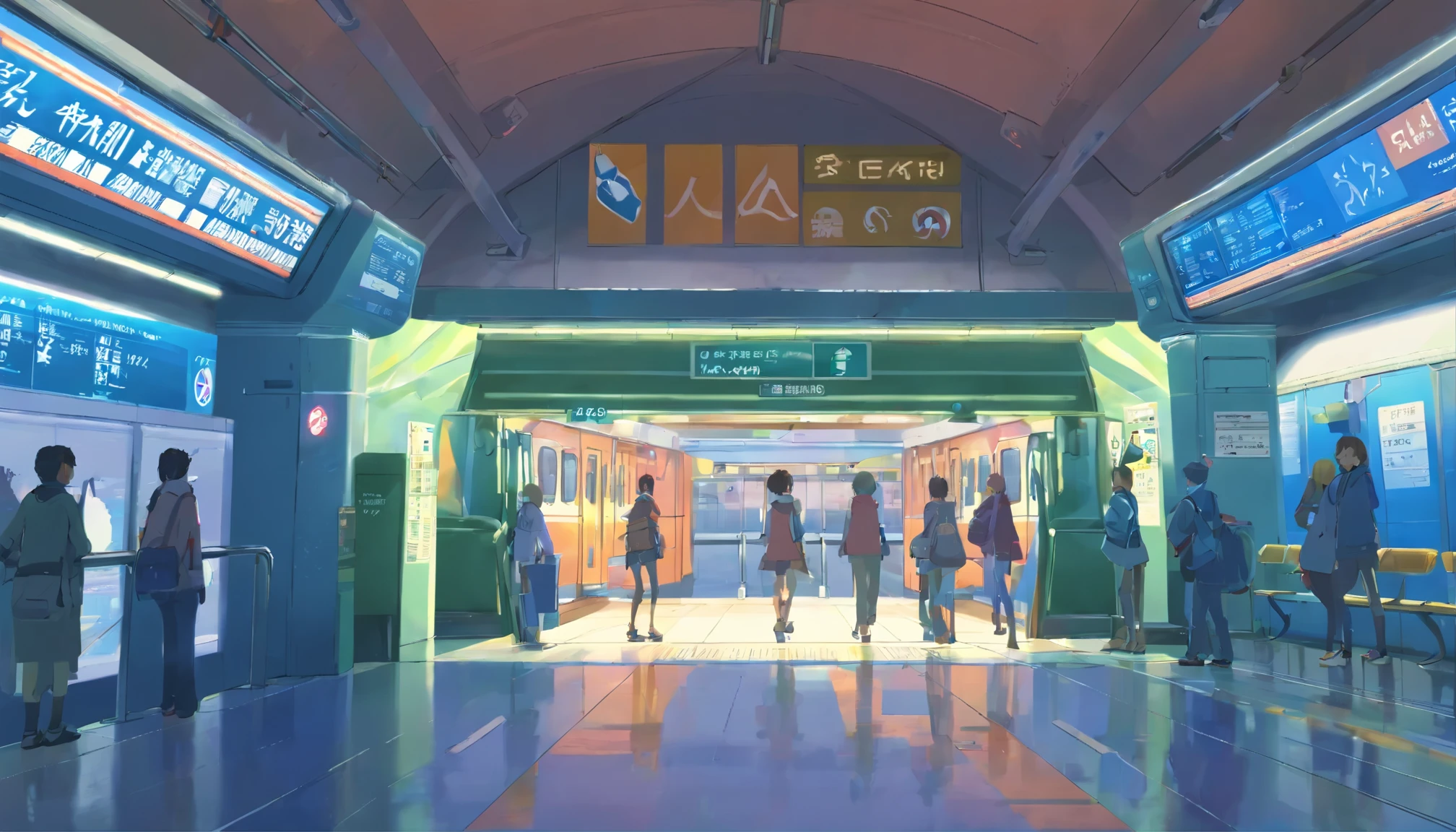 Anime scene of people waiting for a train at a station - SeaArt AI