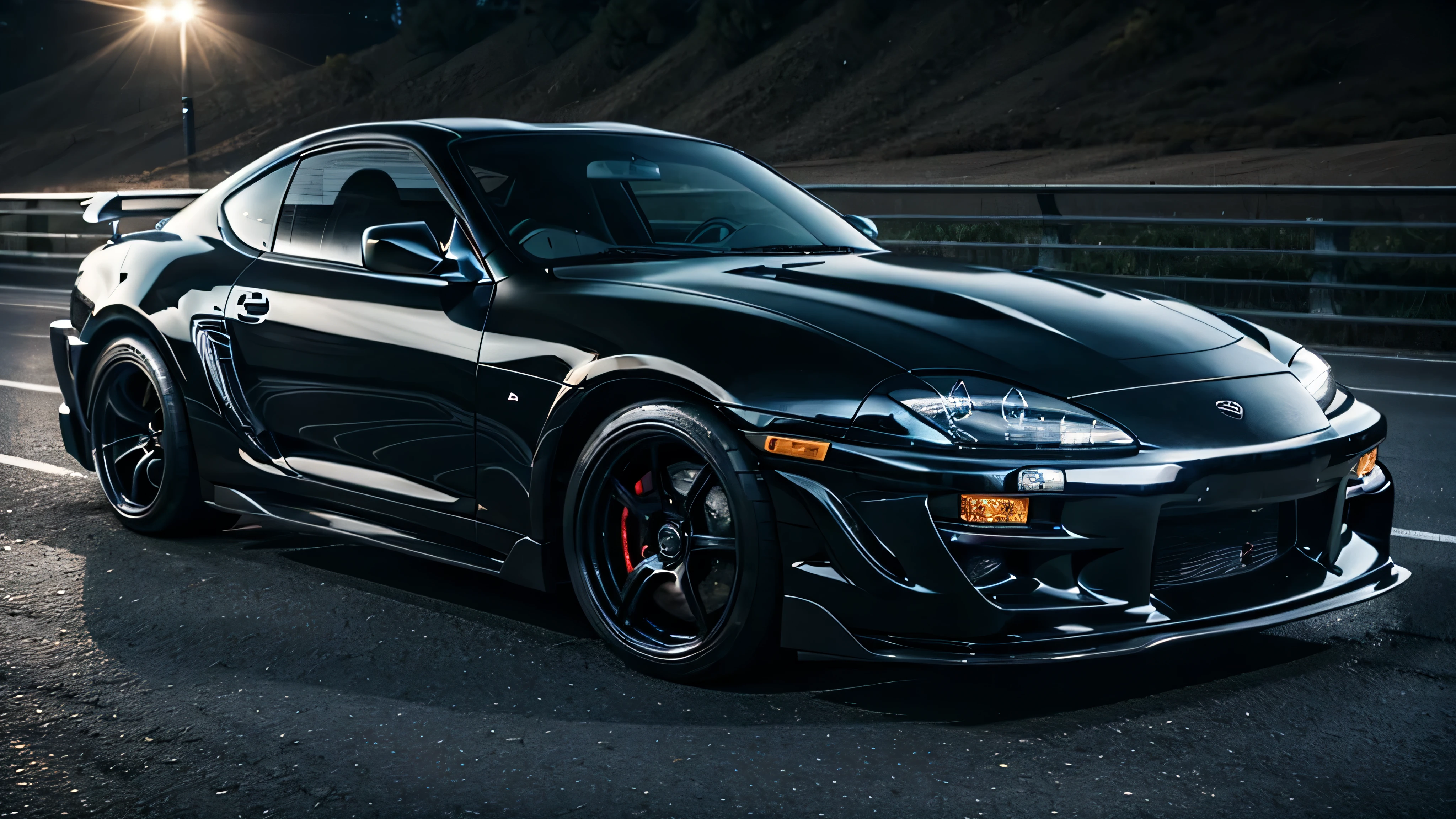 A close up of a black sports car driving on a road - SeaArt AI