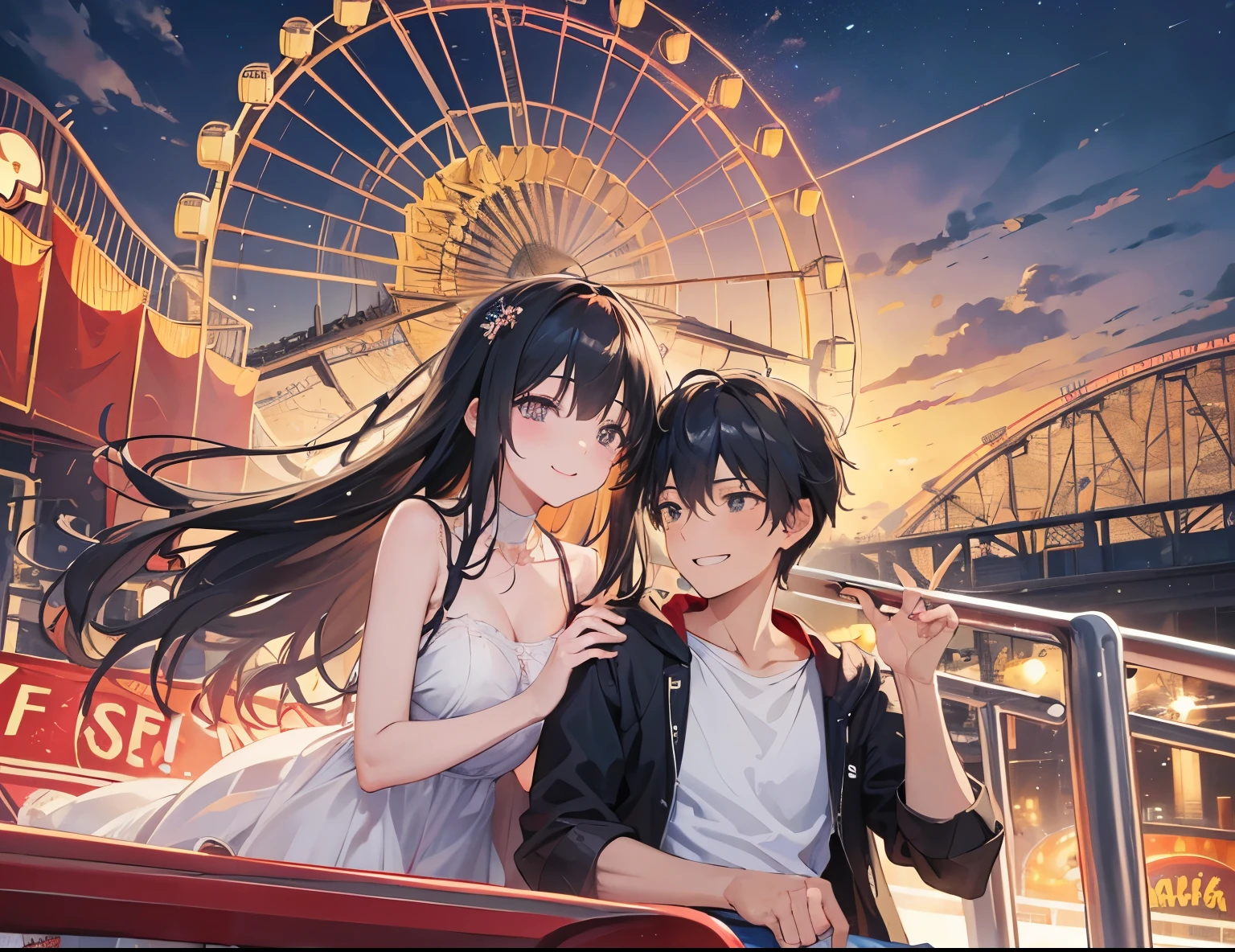 Anime Couple Sitting On A Bench In Front Of A Ferris Wheel Seaart Ai