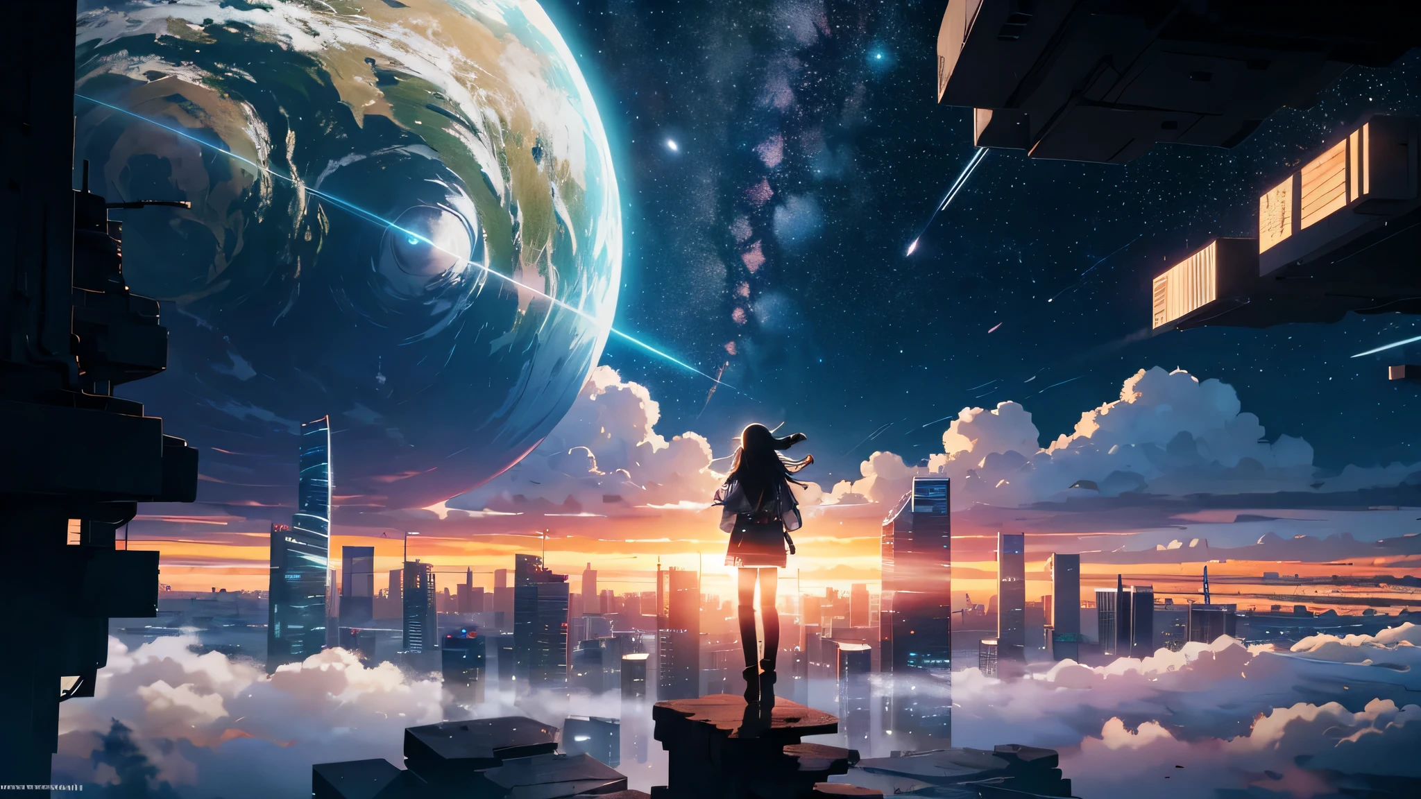 A woman standing on a ledge looking at the sky with a planet in the ...