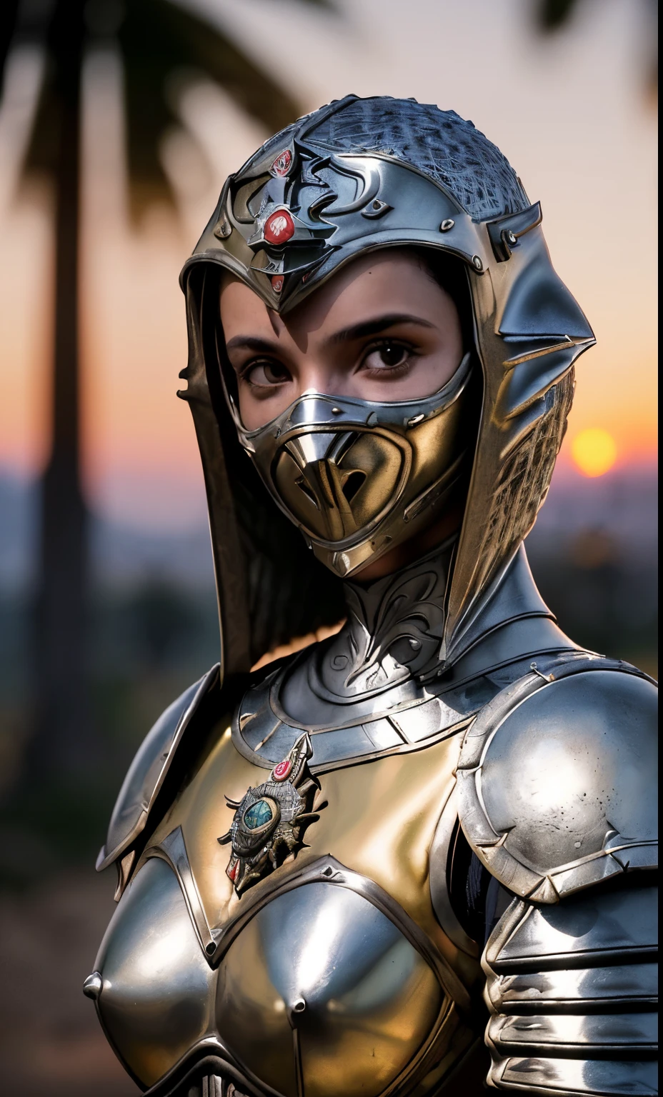 A close up of a woman in a silver armor with a helmet on - SeaArt AI