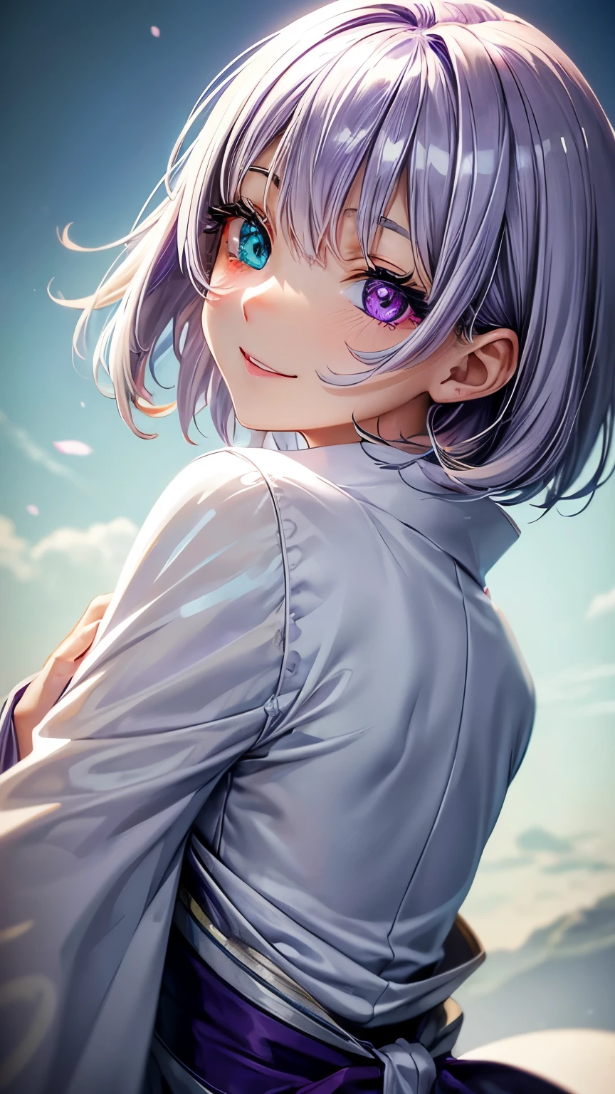Anime girl with purple hair and blue eyes looking at the sky - SeaArt AI