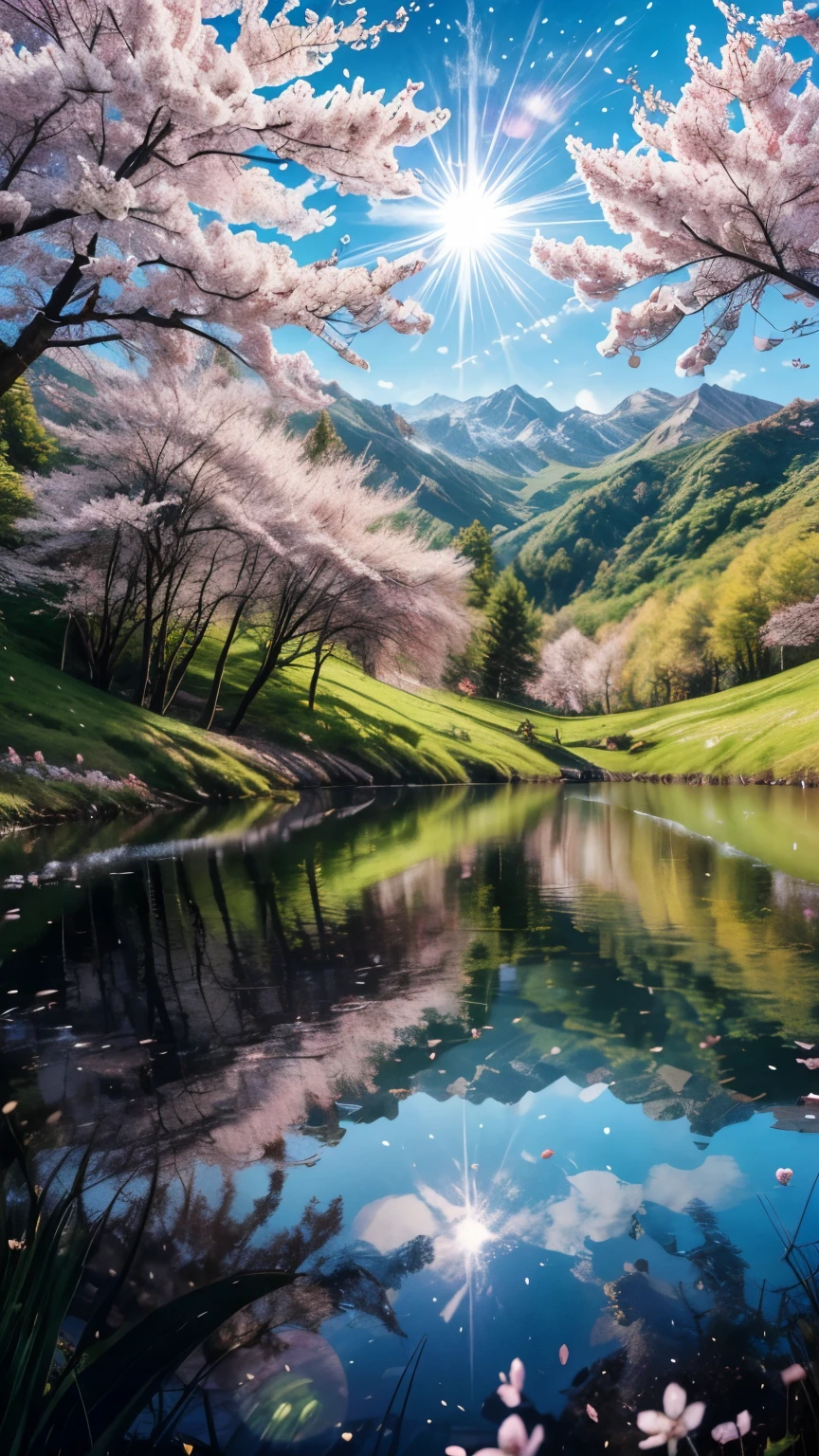 A painting of a lake surrounded by trees and flowers - SeaArt AI