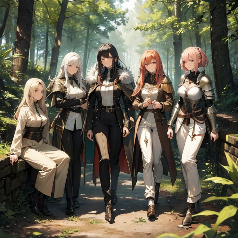A group of female knights, (in forest), various hair styles - SeaArt AI