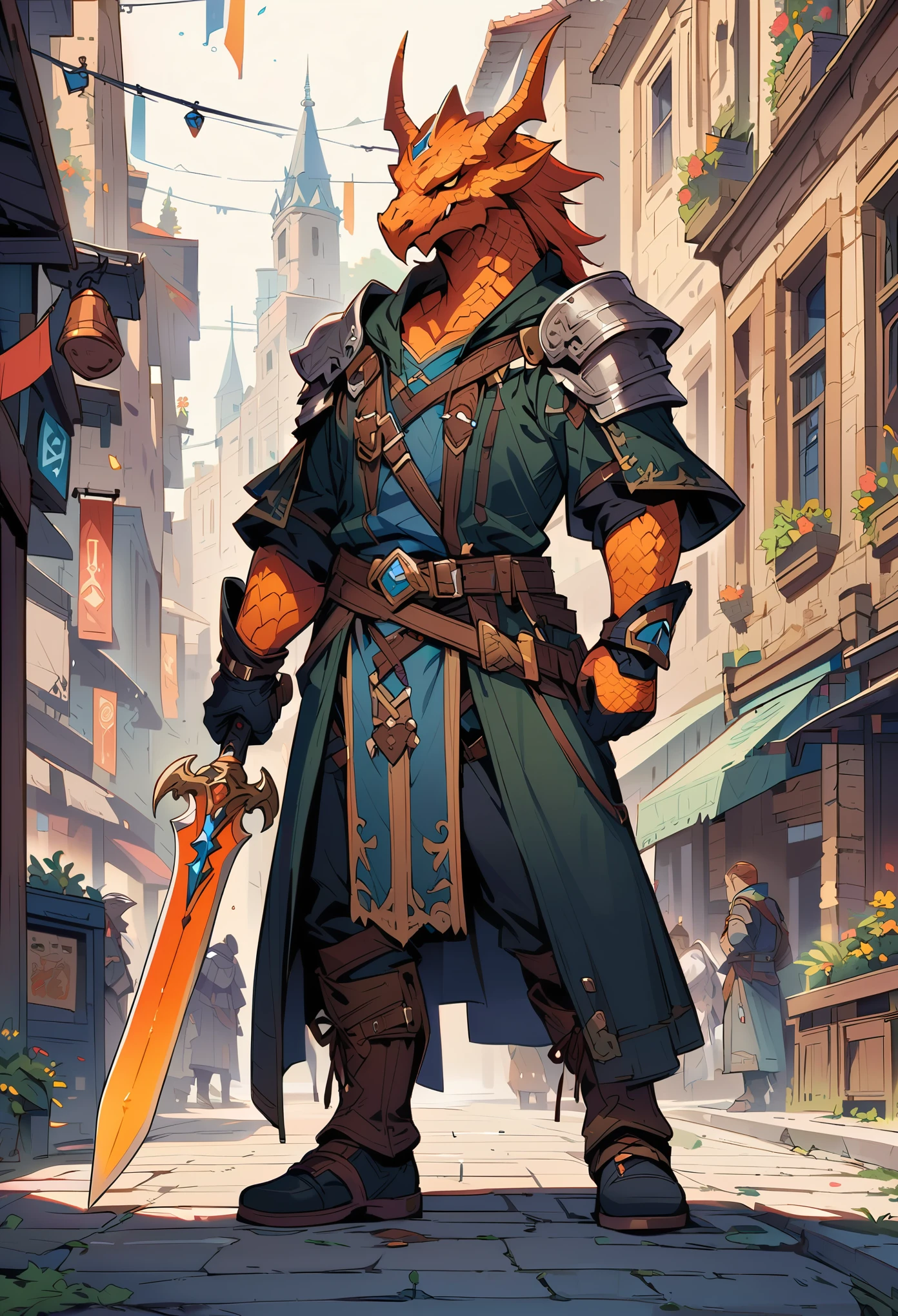 DnD character art, fantasy warrior with dragon head helmet and orange ...