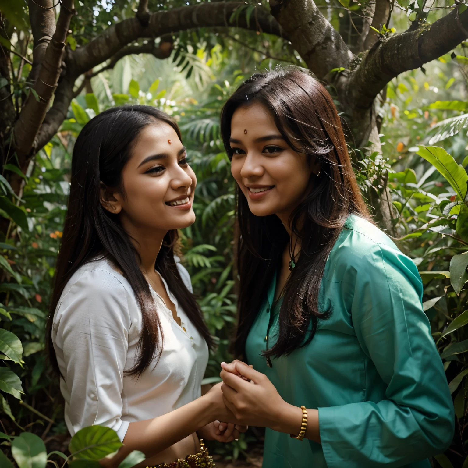Two women standing next to each other in a forest - SeaArt AI