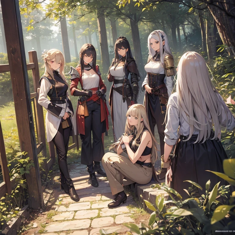 A group of female knights, (in forest), various hair styles - SeaArt AI