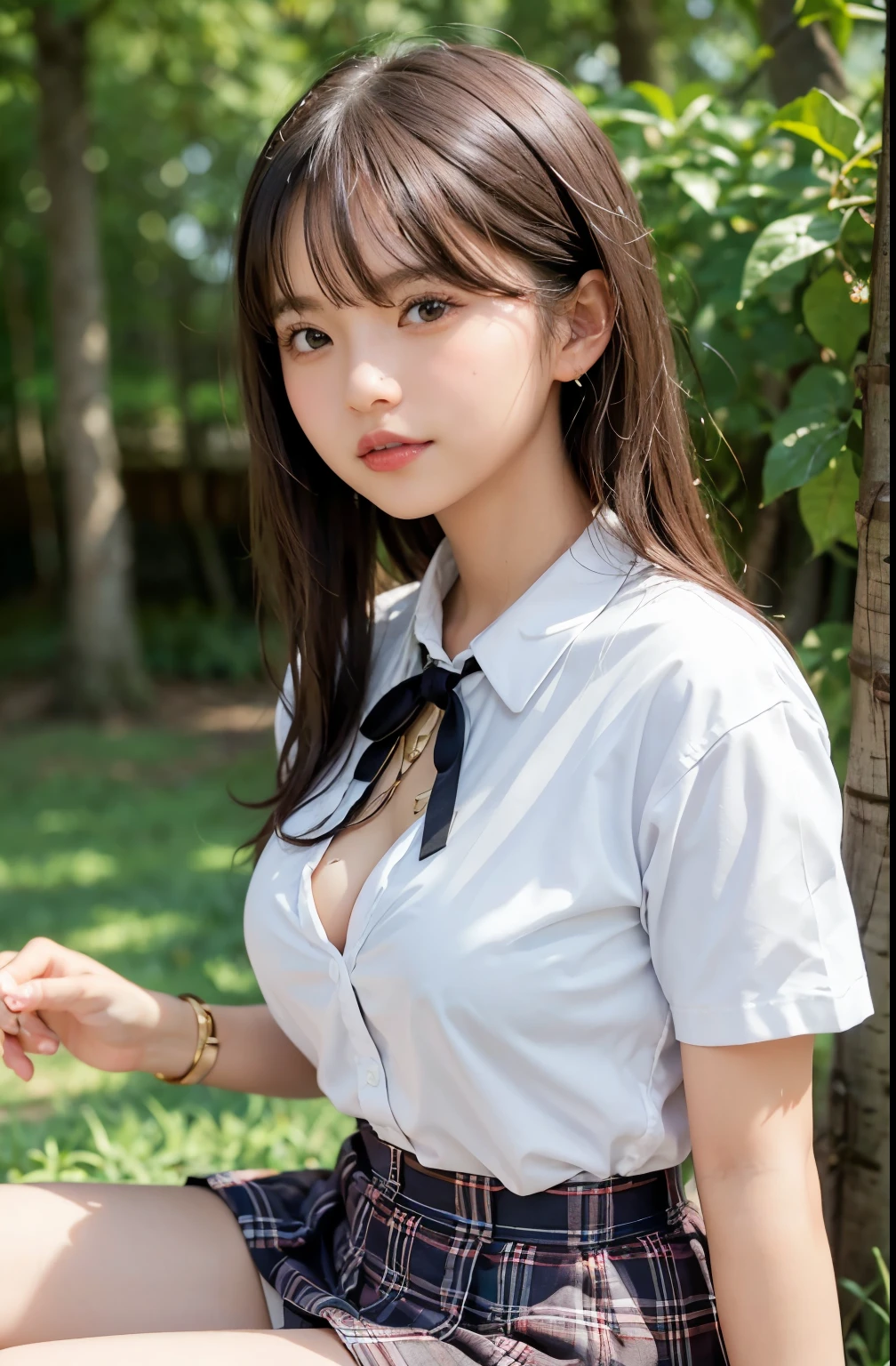 Arafed asian woman in a short skirt and shirt sitting on a bench - SeaArt AI