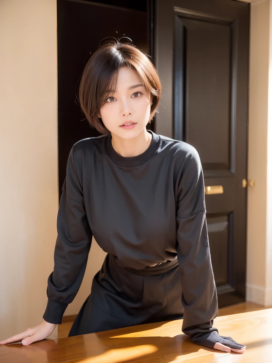 Arafed woman in a black dress sitting on a table - SeaArt AI