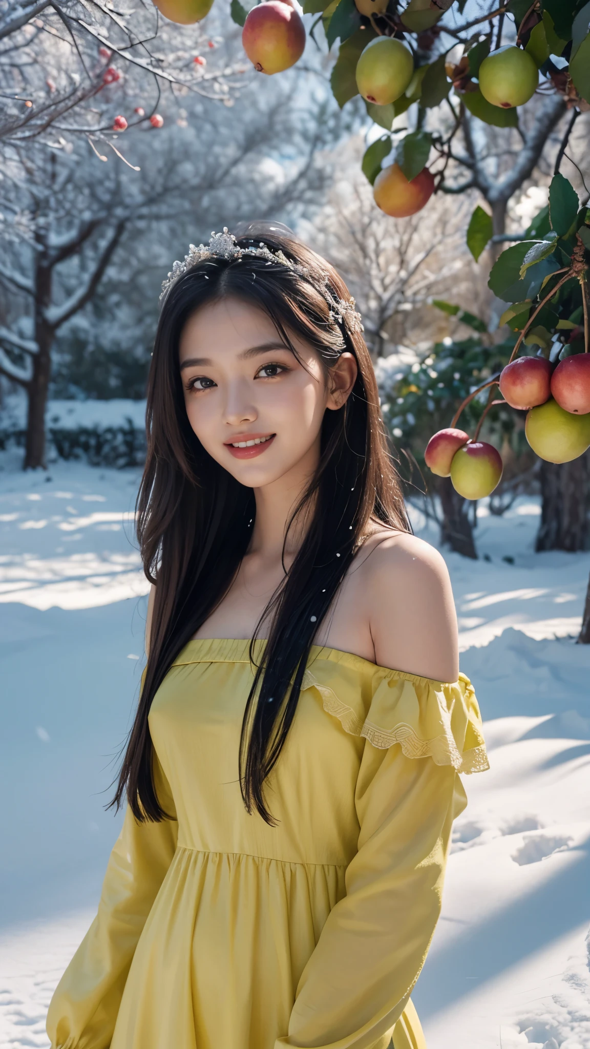 A woman in a yellow dress standing in the snow - SeaArt AI