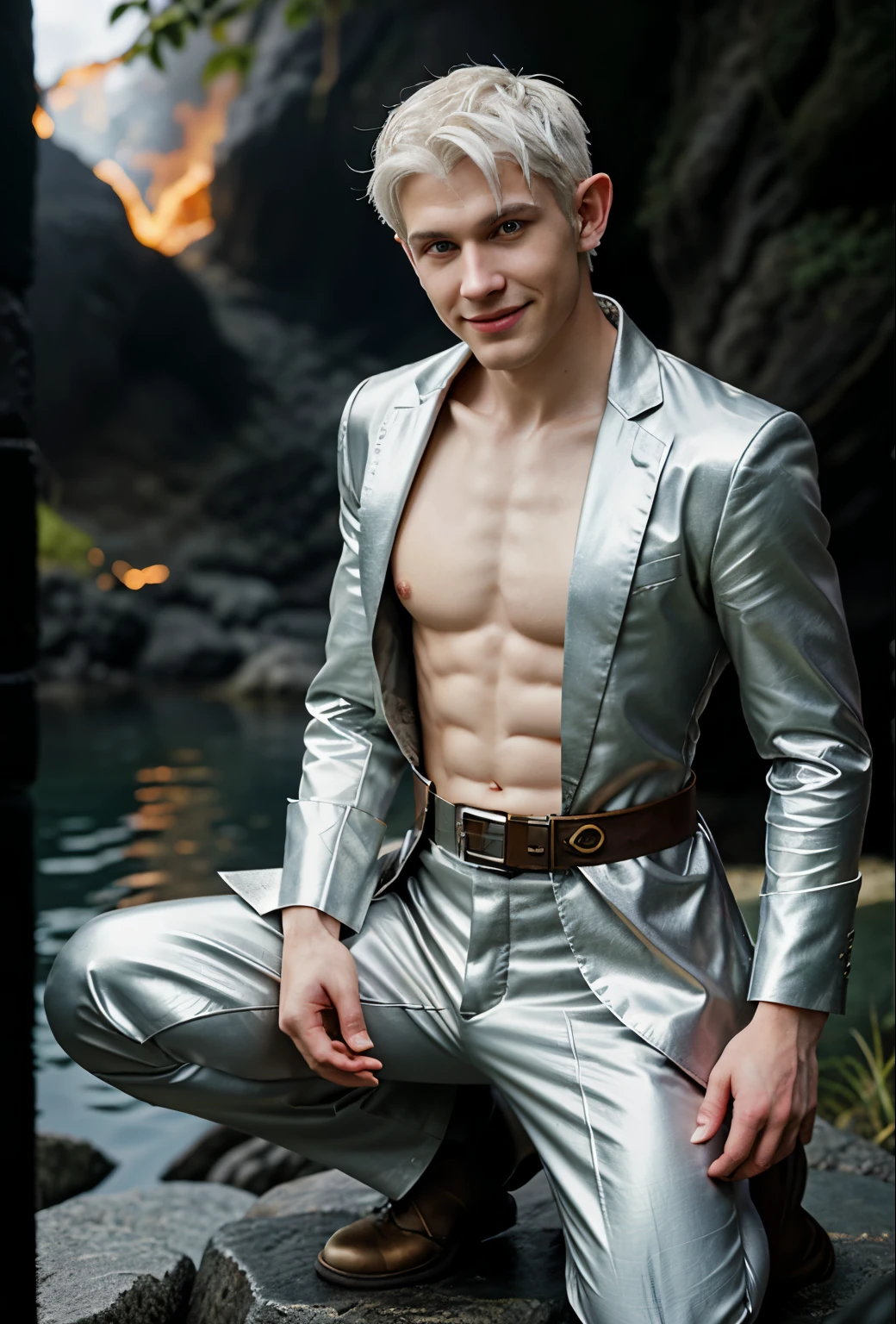 Arafed man in a silver suit sitting on a rock by a river - SeaArt AI