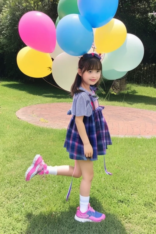 A 12 years old girl holdoing a lot of balloons, full body, stomp ...