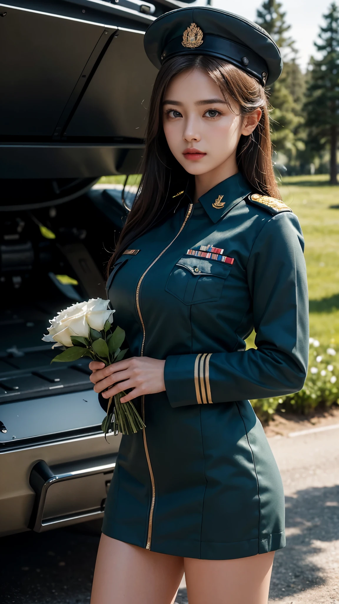 A woman in uniform holding a bouquet of flowers next to a car - SeaArt AI