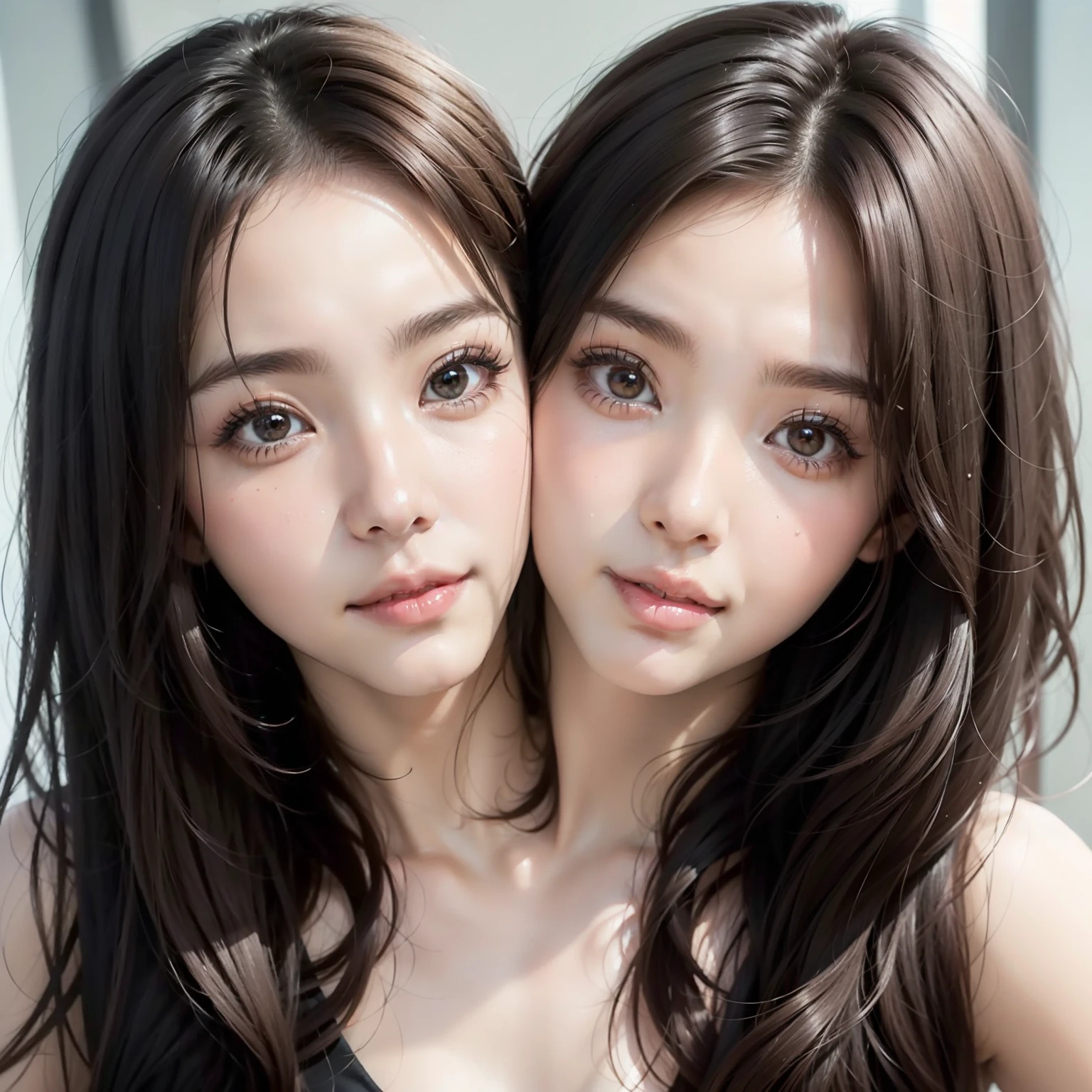 Two asian women with long hair and brown eyes posing for a picture - SeaArt AI