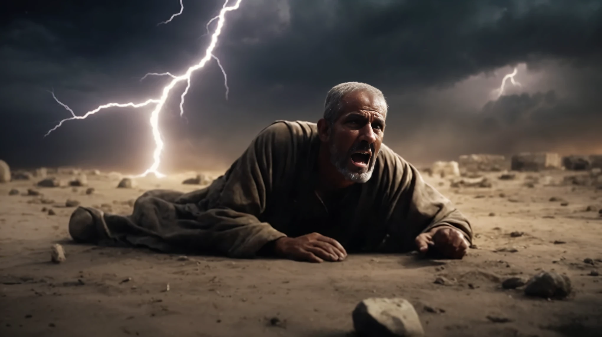 A man lying on the ground in front of lightning, biblical epic film ...